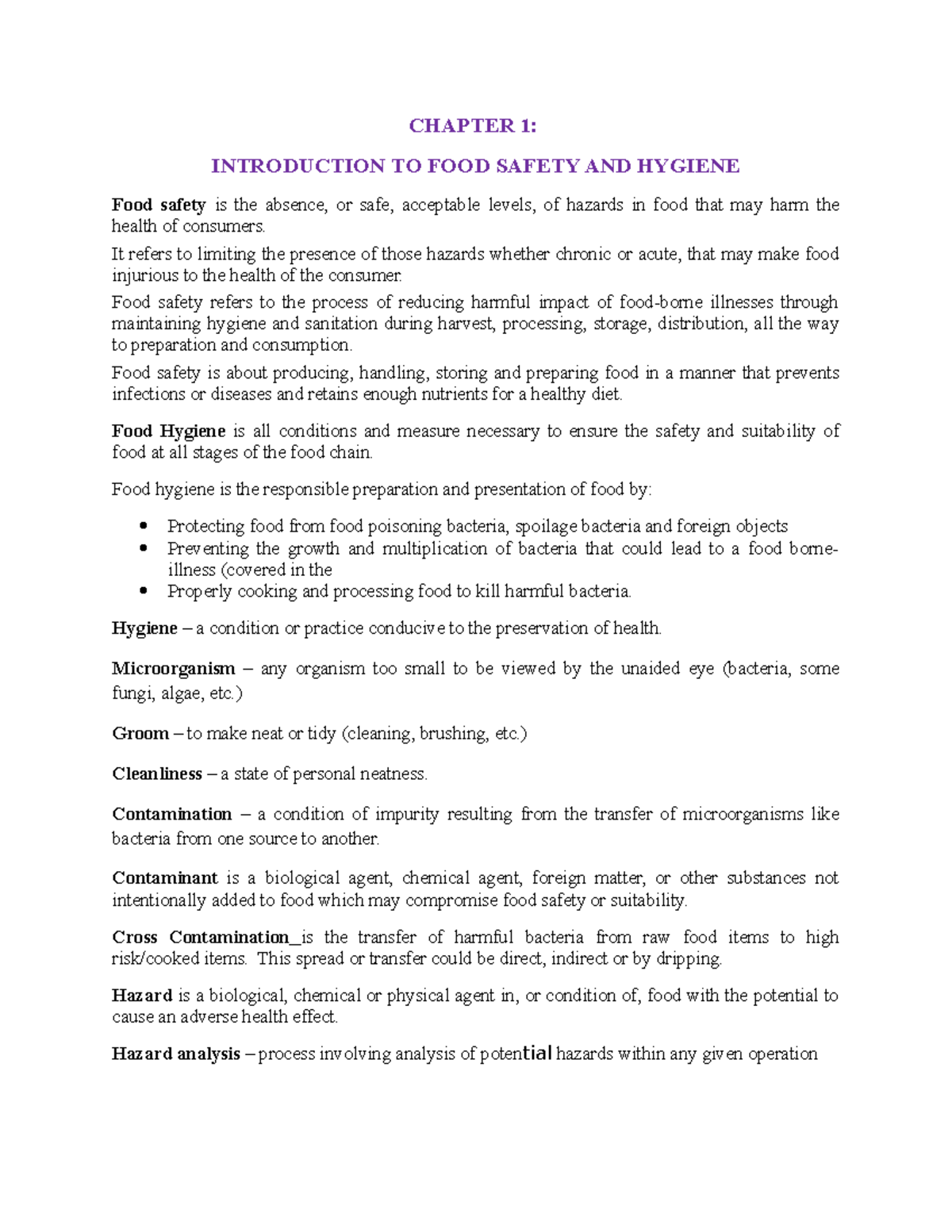 Introduction TO FOOD Safety AND Hygiene CHAPTER 1 INTRODUCTION TO