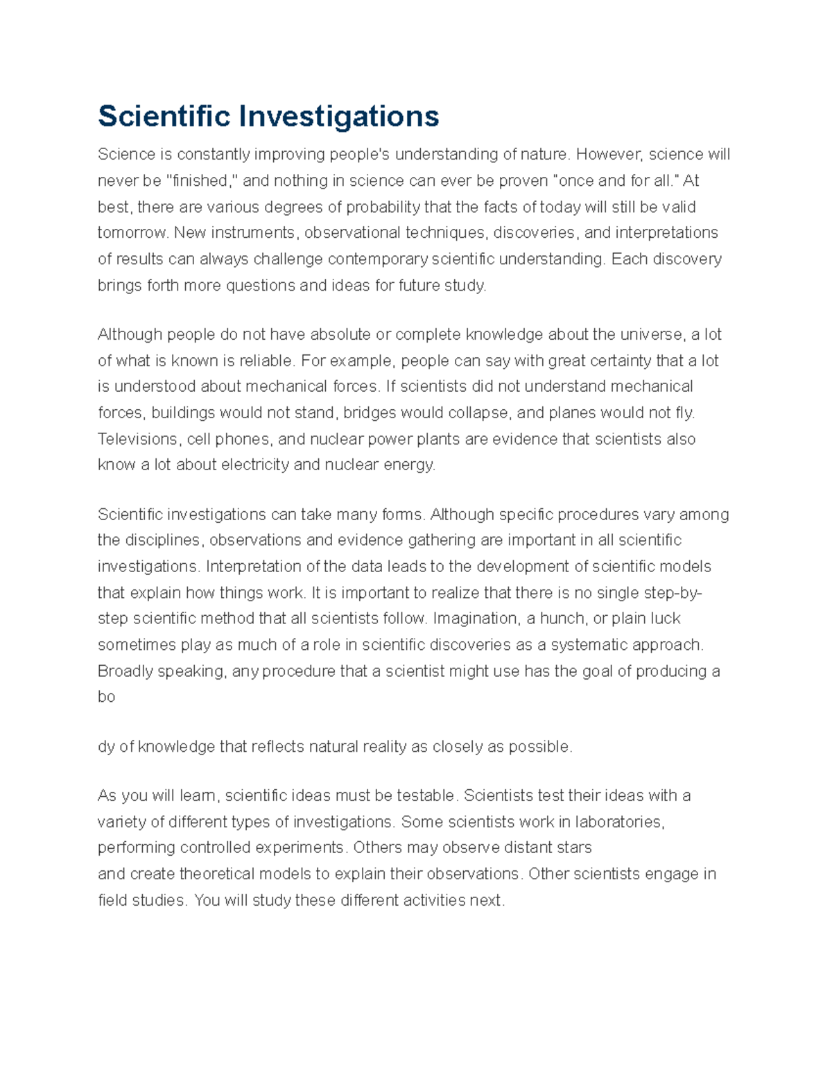 Notes lesson 4 - Scientific Investigations Science is constantly ...