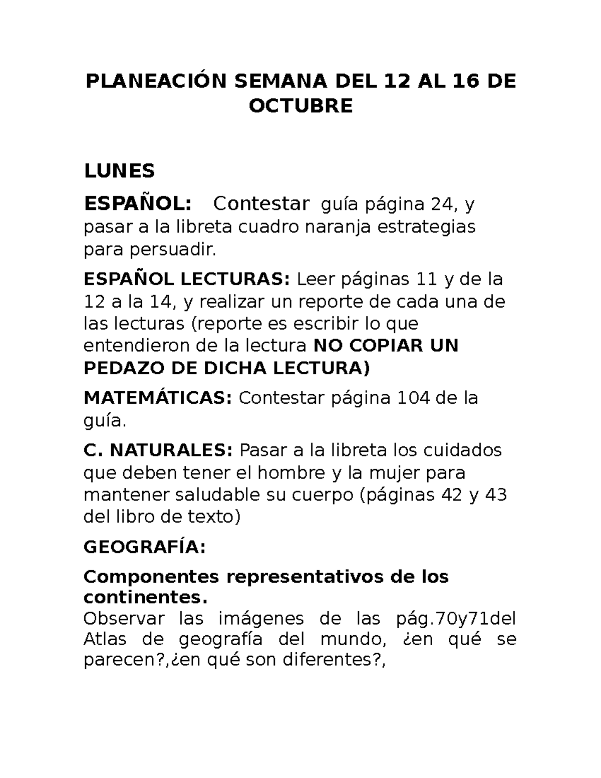 Planeación Semana DEL 12 AL 16 DE Octubre - PLANEACIÓN SEMANA DEL 12 AL ...