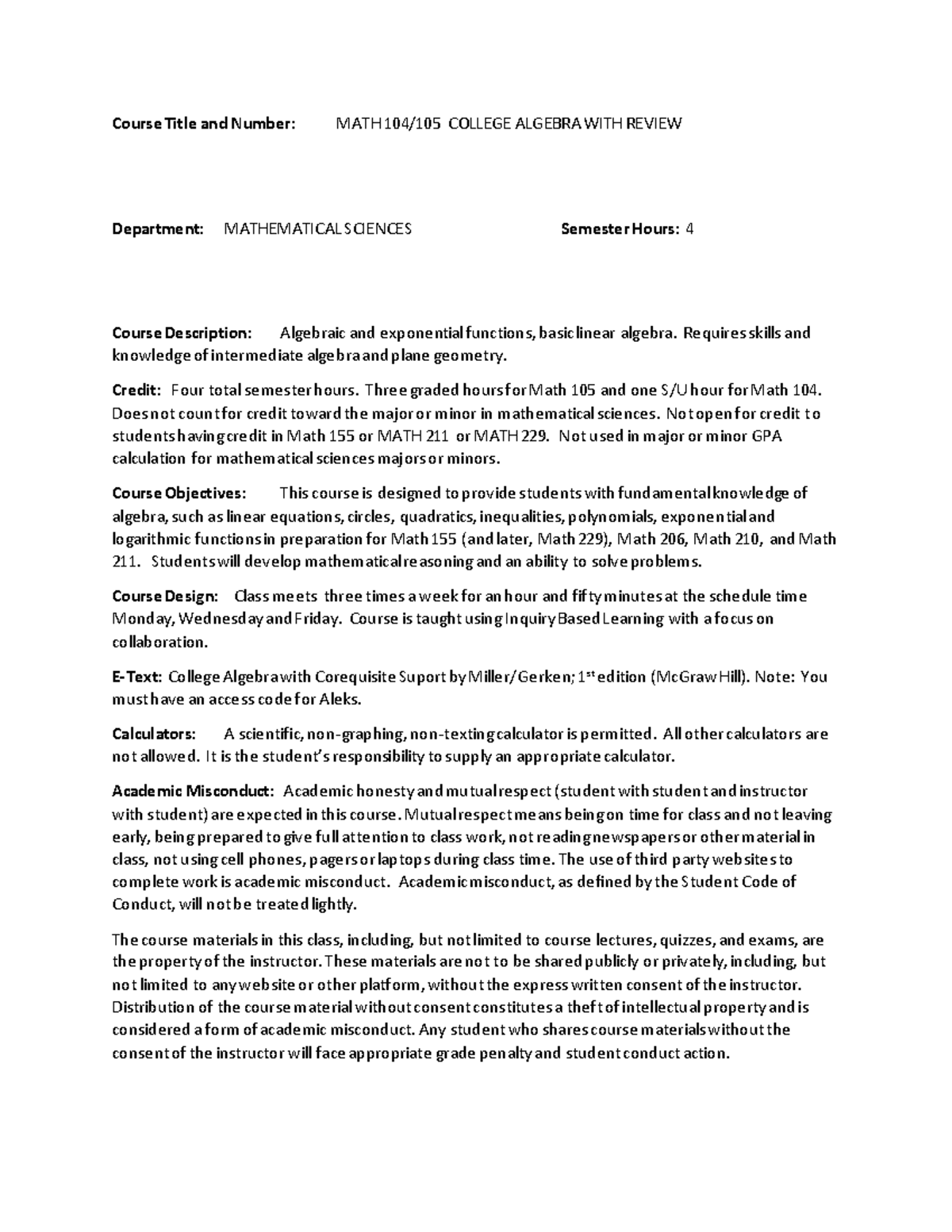 Syllabus 104-105 - Course Title and Number: Department: MATH COLLEGE ...