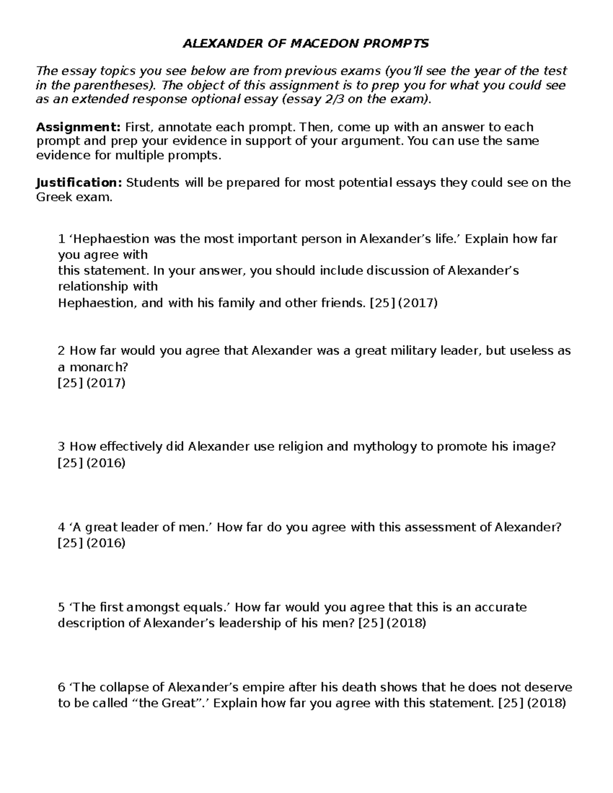 Essay Topics ALEX Review (2)-1 - ALEXANDER OF MACEDON PROMPTS The essay ...