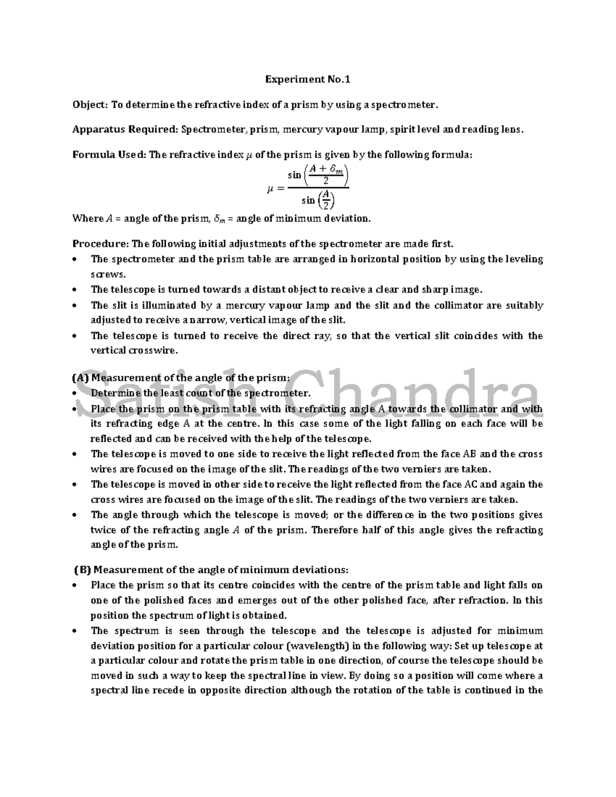 Refractive index of prism - Experiment No. Object: To determine the refractive index of a prism ...