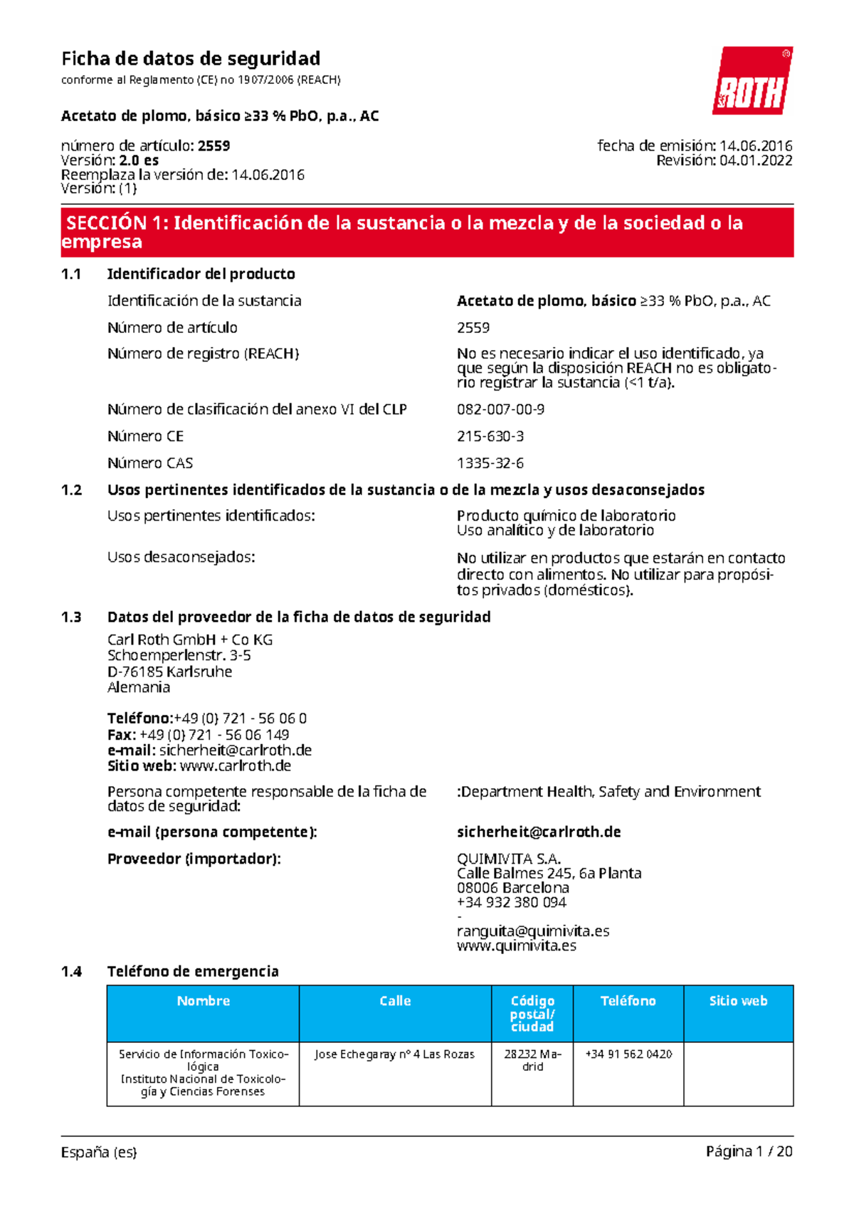 HOJA DE Seguridad Acetato DE Plomo - SECCIÓN 1: Identificación de la ...