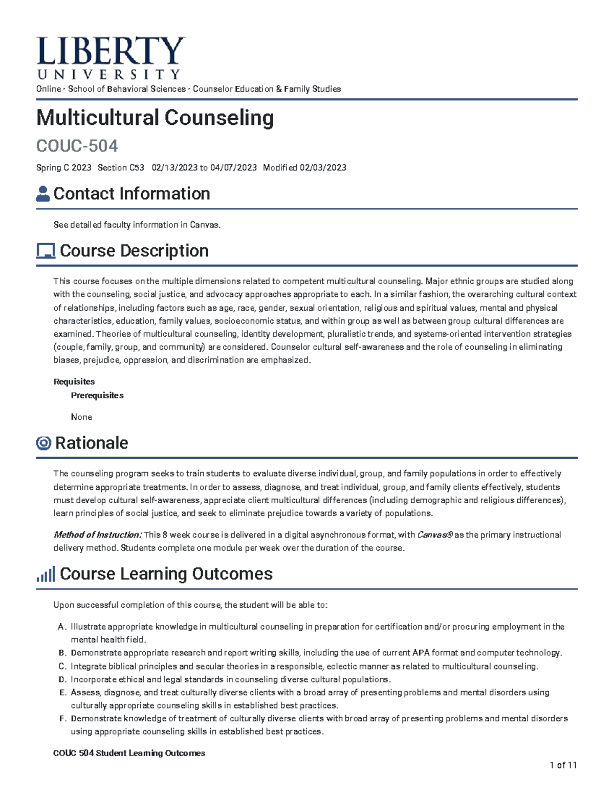 Multicultural Counseling COUC 504 Spring C 2023 - Contact Information ...