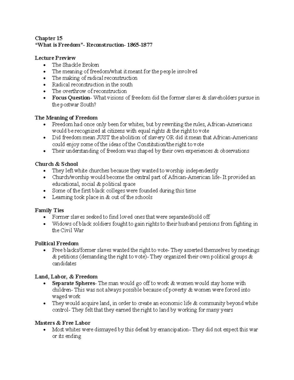 HIST 2112- Chapter 15 - Chapter 15 “What is Freedom”- Reconstruction ...