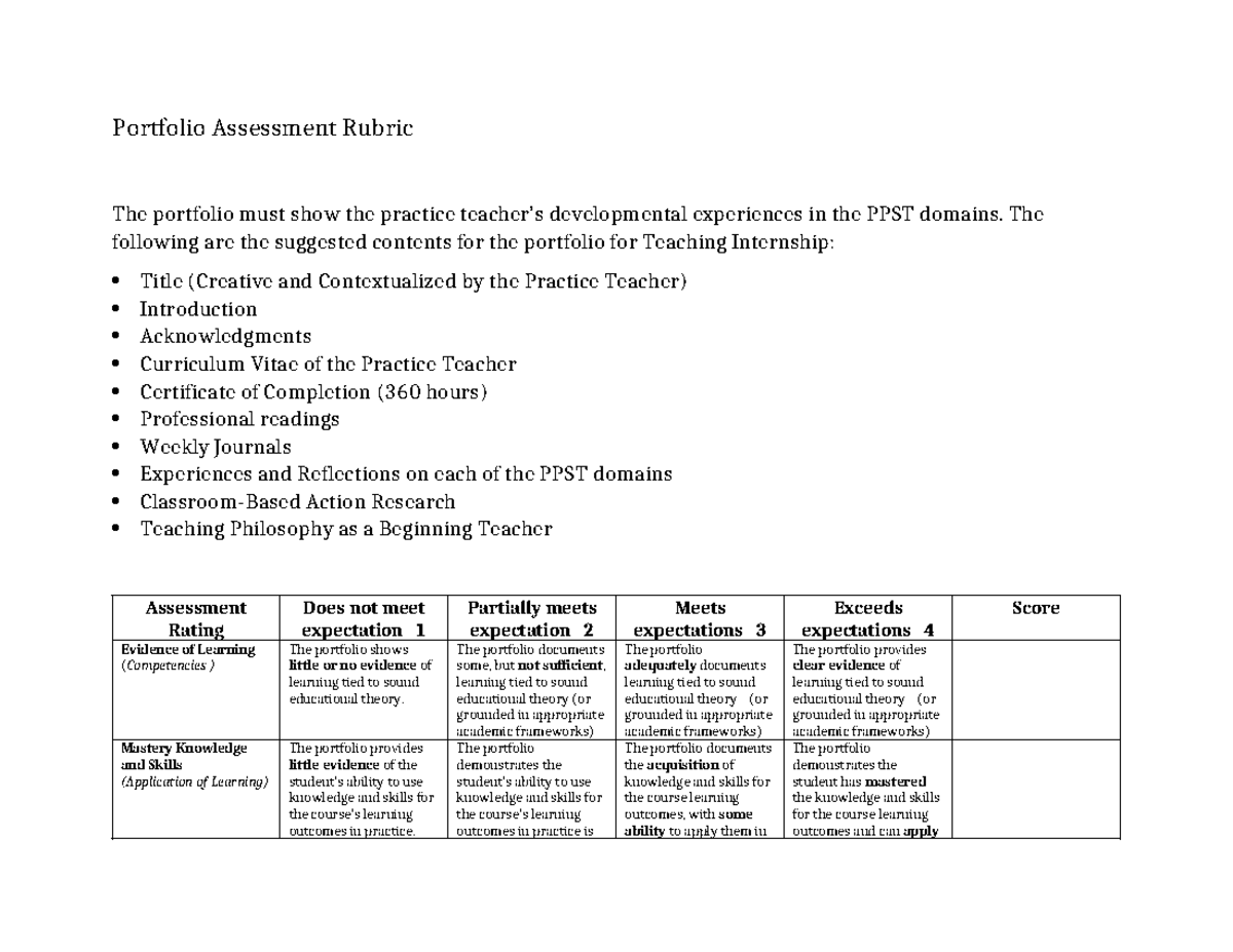 Rubrics for portfolio assessment - Portfolio Assessment Rubric The ...