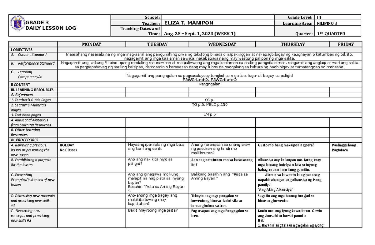 DLL Filipino 3 Q1 W1-10 - GRADE 3 DAILY LESSON LOG School: Grade Level ...