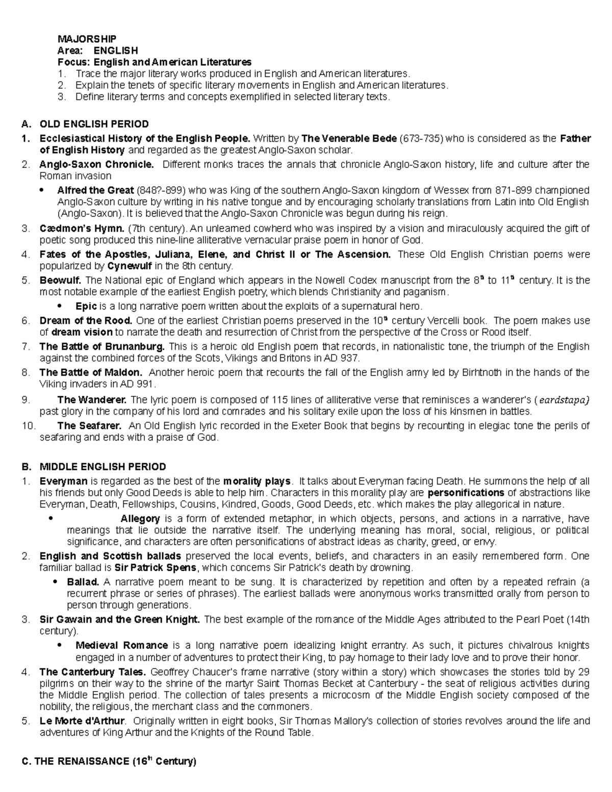 English and American Literatures - Explain the tenets of specific ...