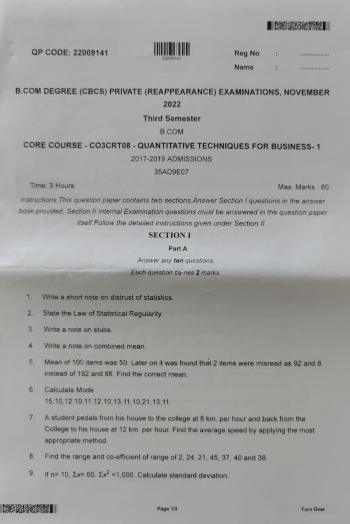 Q.T- Private Question Paper - QP CODE: 22009141 Reg No "*****o *resse ...