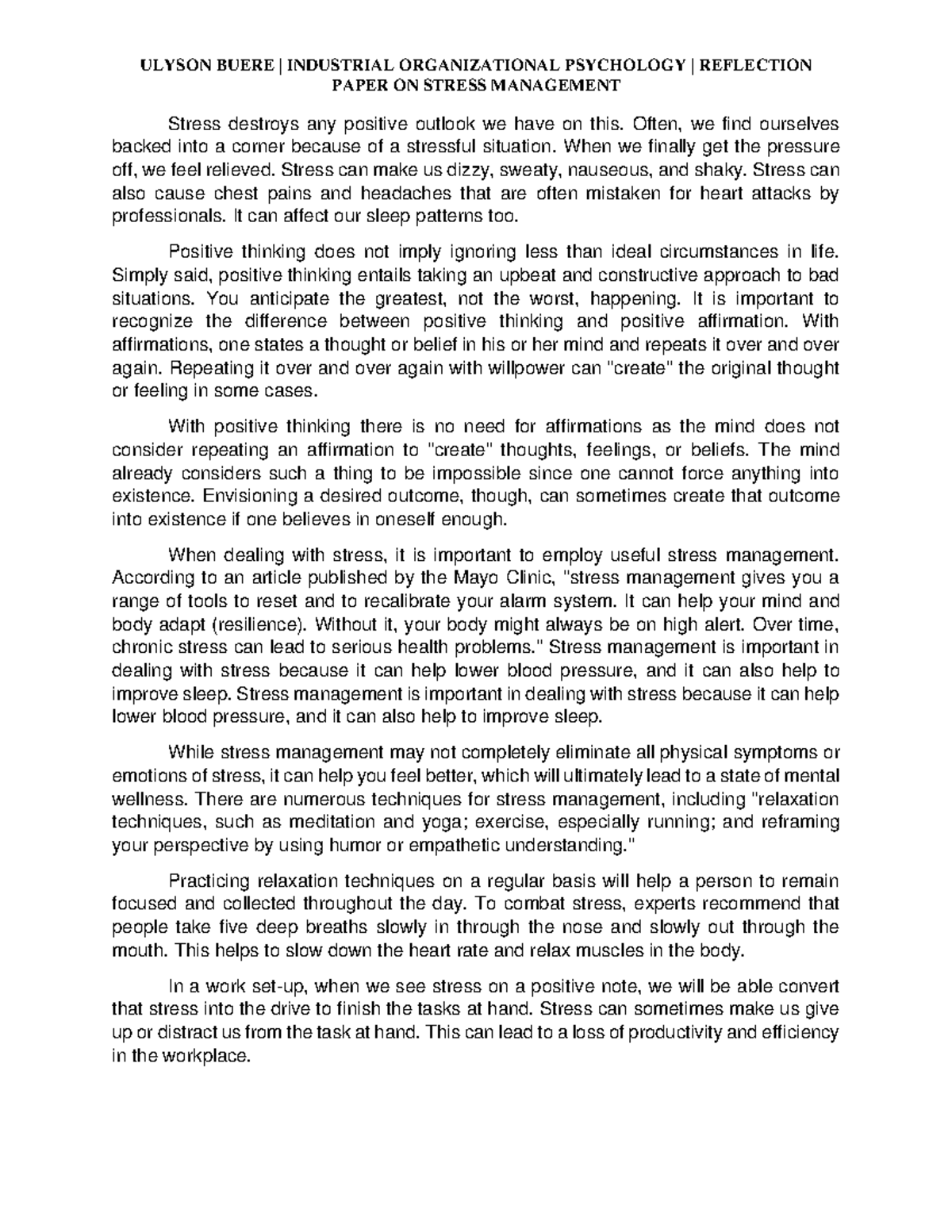 Buere Reflection on Stress Management - ULYSON BUERE | INDUSTRIAL ...