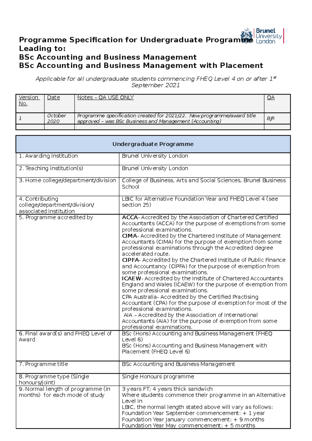 BSc Accounting and Business Management 2021-2 v1 - Programme ...