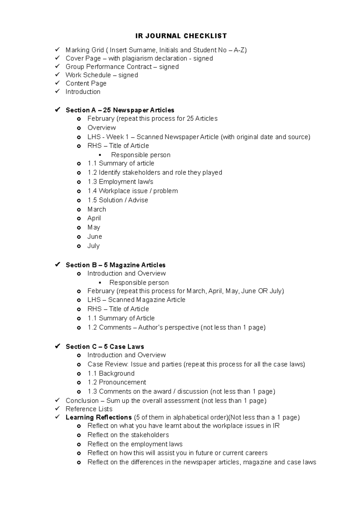 IR Journal Checklist - IR JOURNAL CHECKLIST Marking Grid ( Insert ...