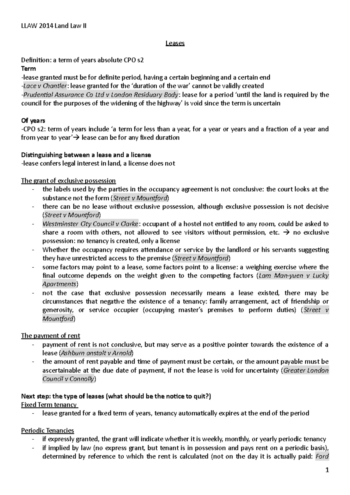 LLAW 2014 Land Law II notes - LLAW 2014 Land Law II Leases Definition ...