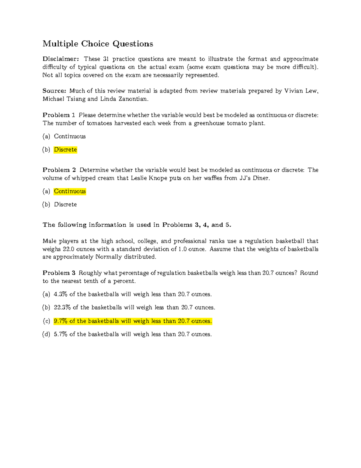 Sample final w answers - Multiple Choice Questions Disclaimer: These 31 ...