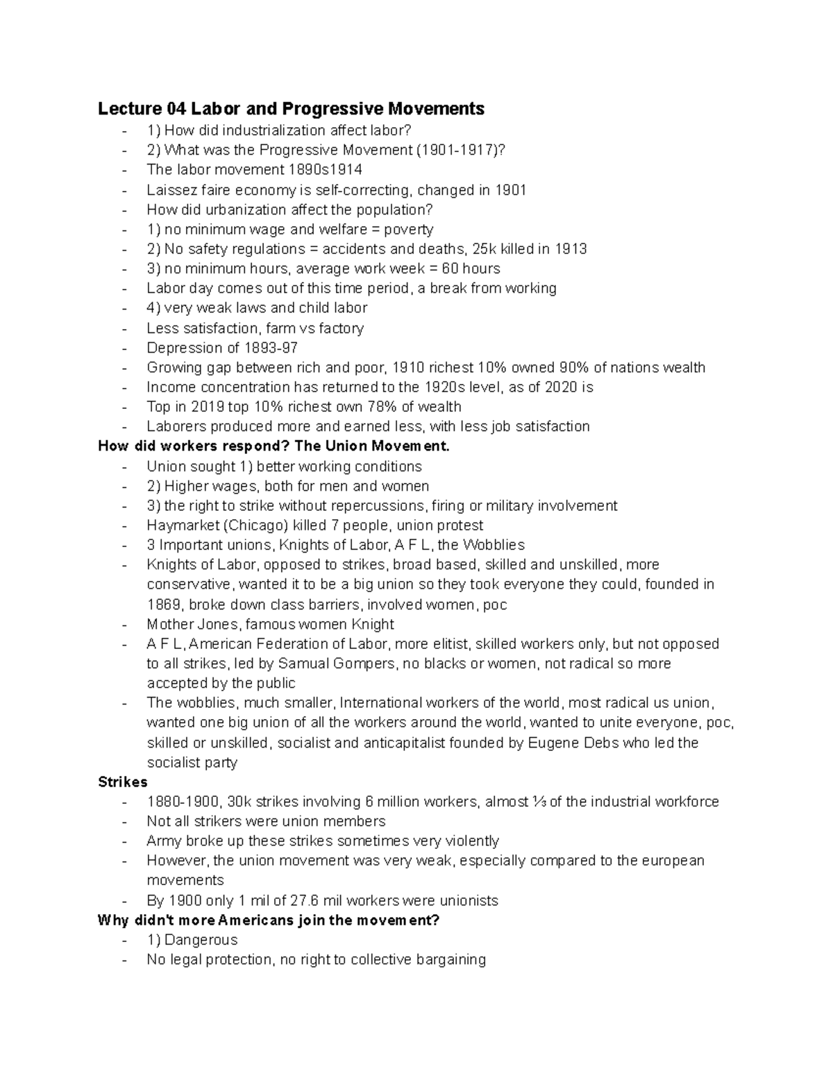 HI 254 Lecture 4 - Taught by Nancy Mitchell - Lecture 04 Labor and Progressive Movements How did ...