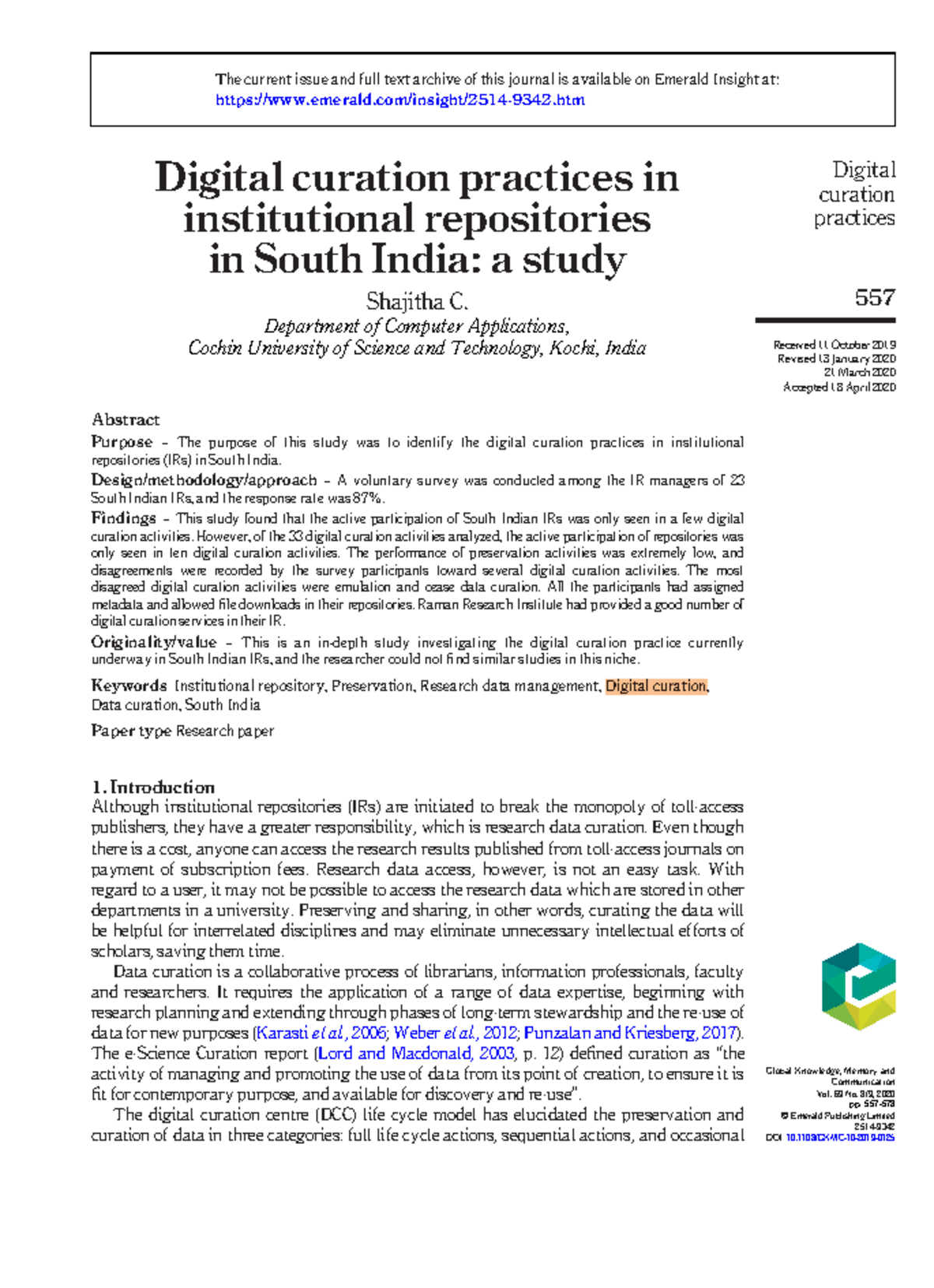 Example Research Articles for Digital Curation and Preservation 1 ...
