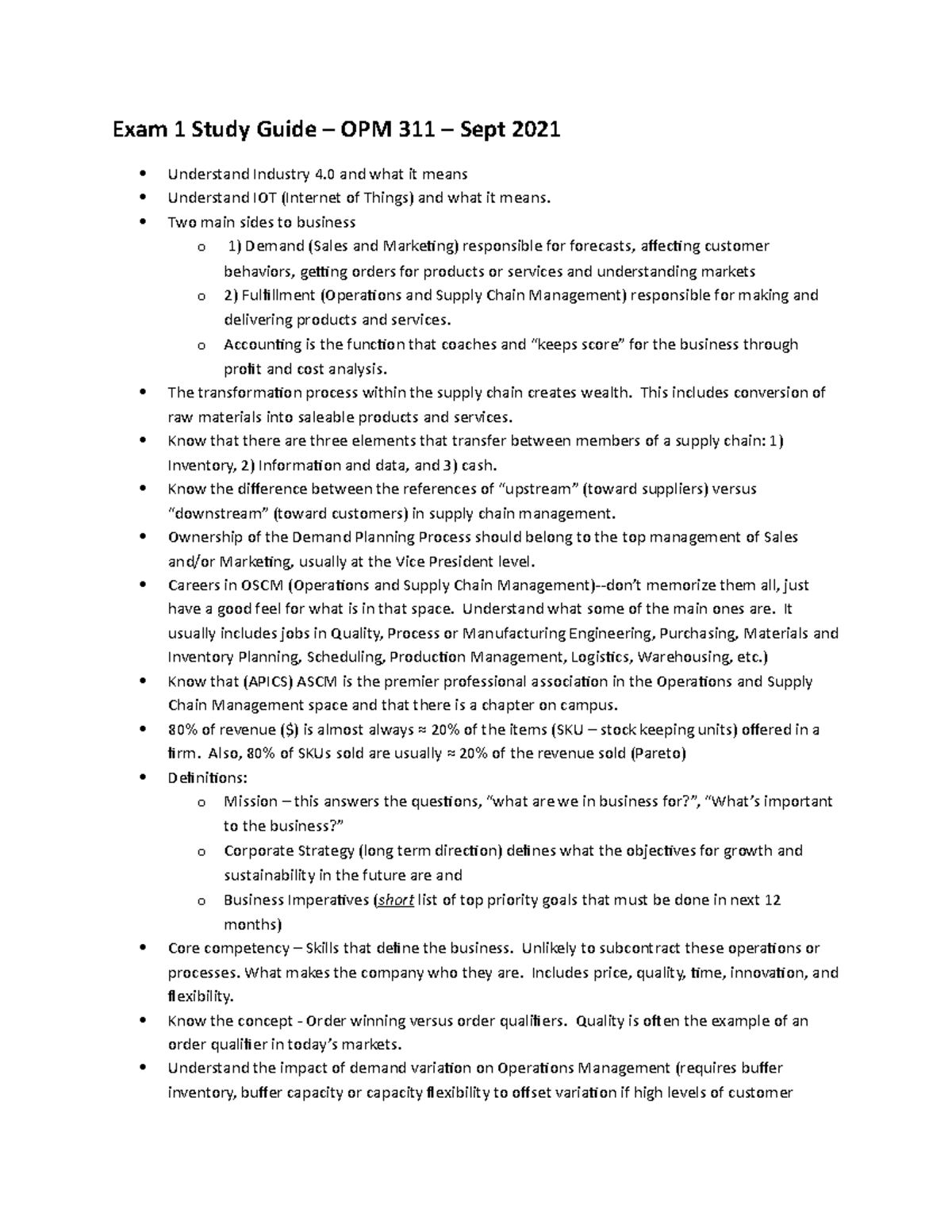 Exam 1 Study Guide Fall 2021 - Exam 1 Study Guide – OPM 311 – Sept 2021 ...