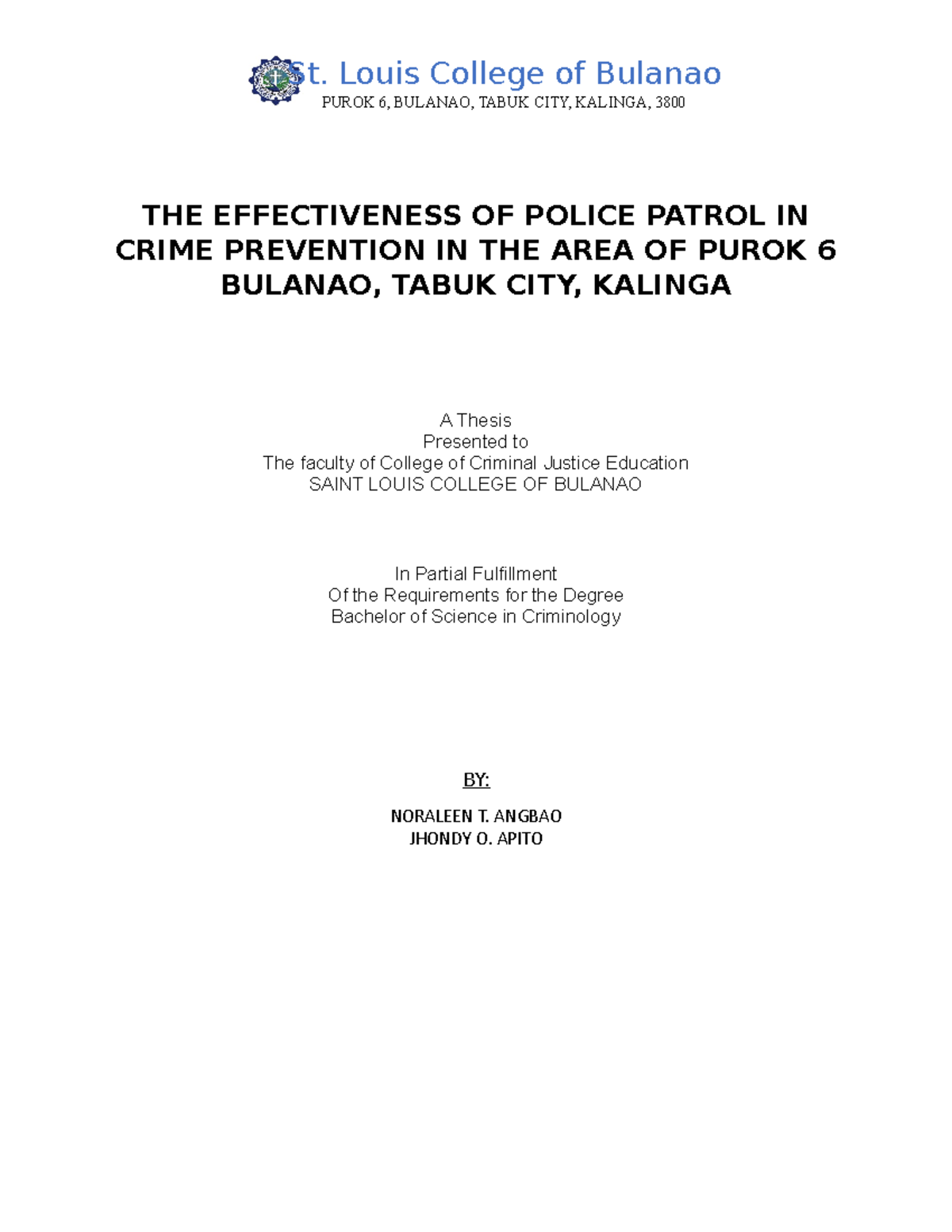 Nora - criminological research 1 - St. Louis College of Bulanao PUROK 6 ...