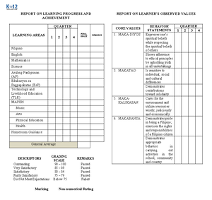 K to 12 Report CARD - Grade 11 - First Semester REPORT ON LEARNING ...