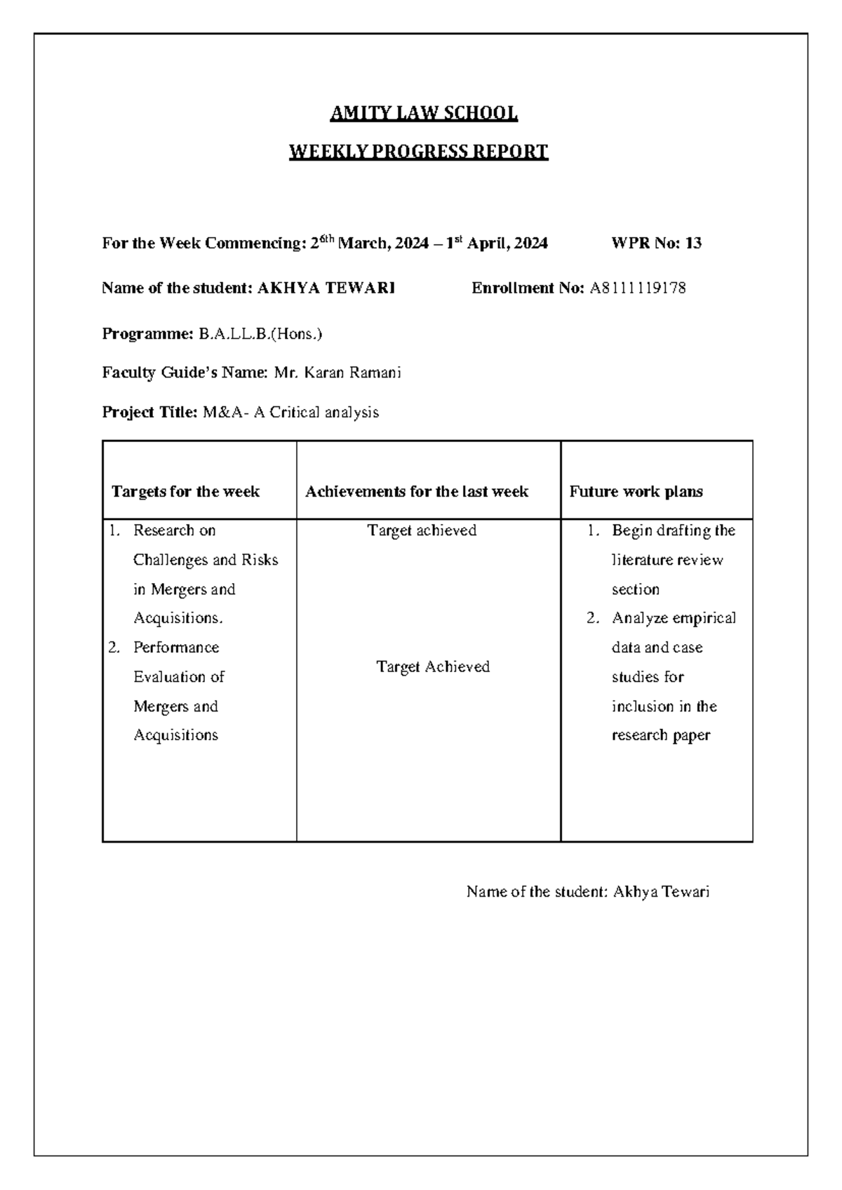 WPR 13- dissertation - AMITY LAW SCHOOL WEEKLY PROGRESS REPORT For the ...