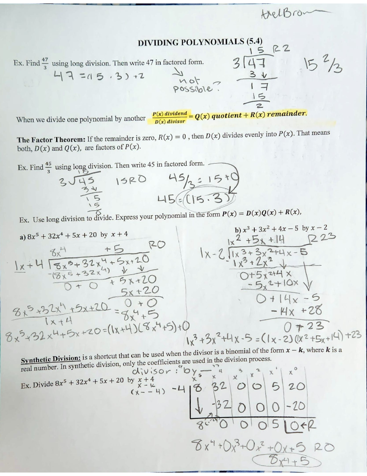 1470.5 - 1470 - 5.4 NOTES 1/2 - 5.4 Dividing Polynomials Notes pg 1 of ...