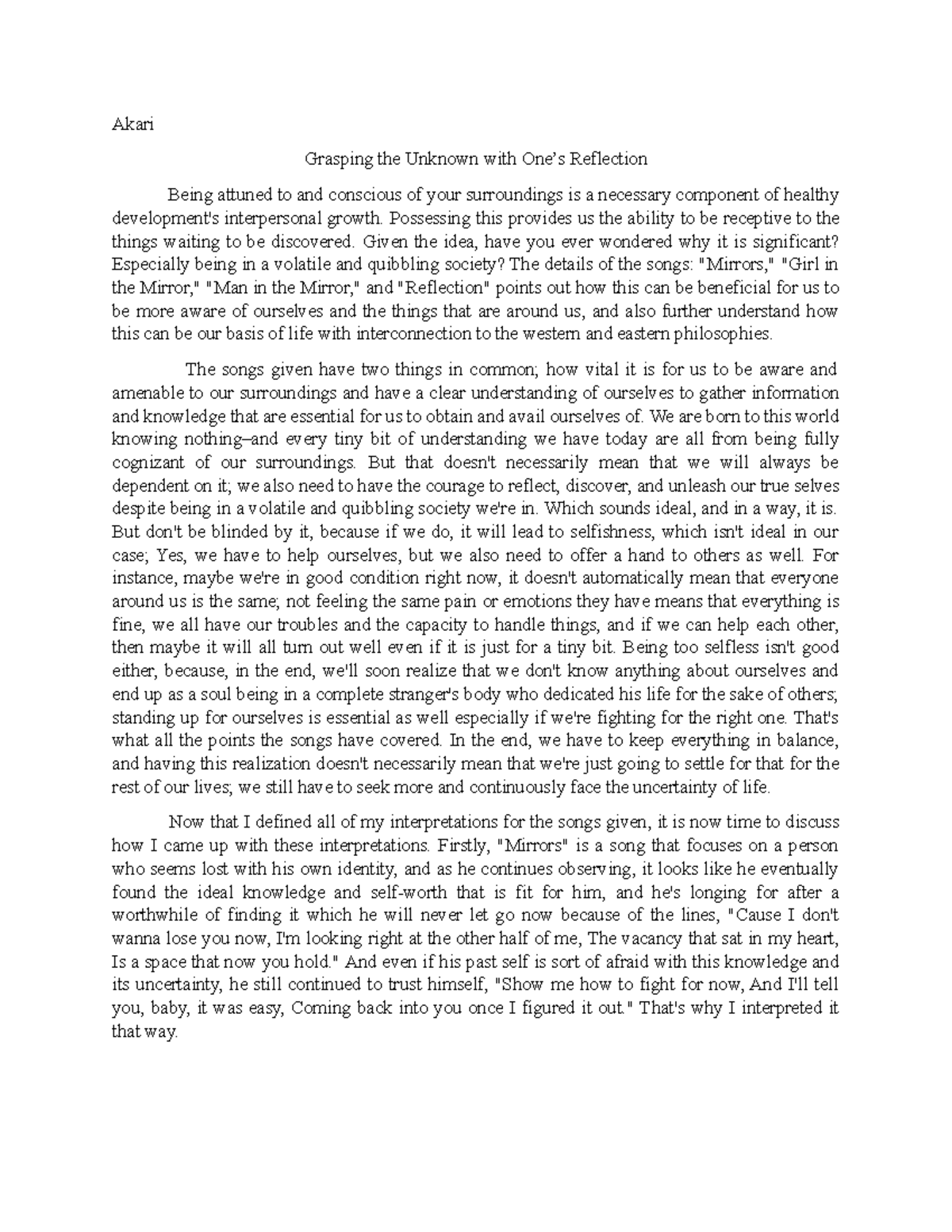 Song Analysis Essay - task in intro to philosophy. - Akari Grasping the ...