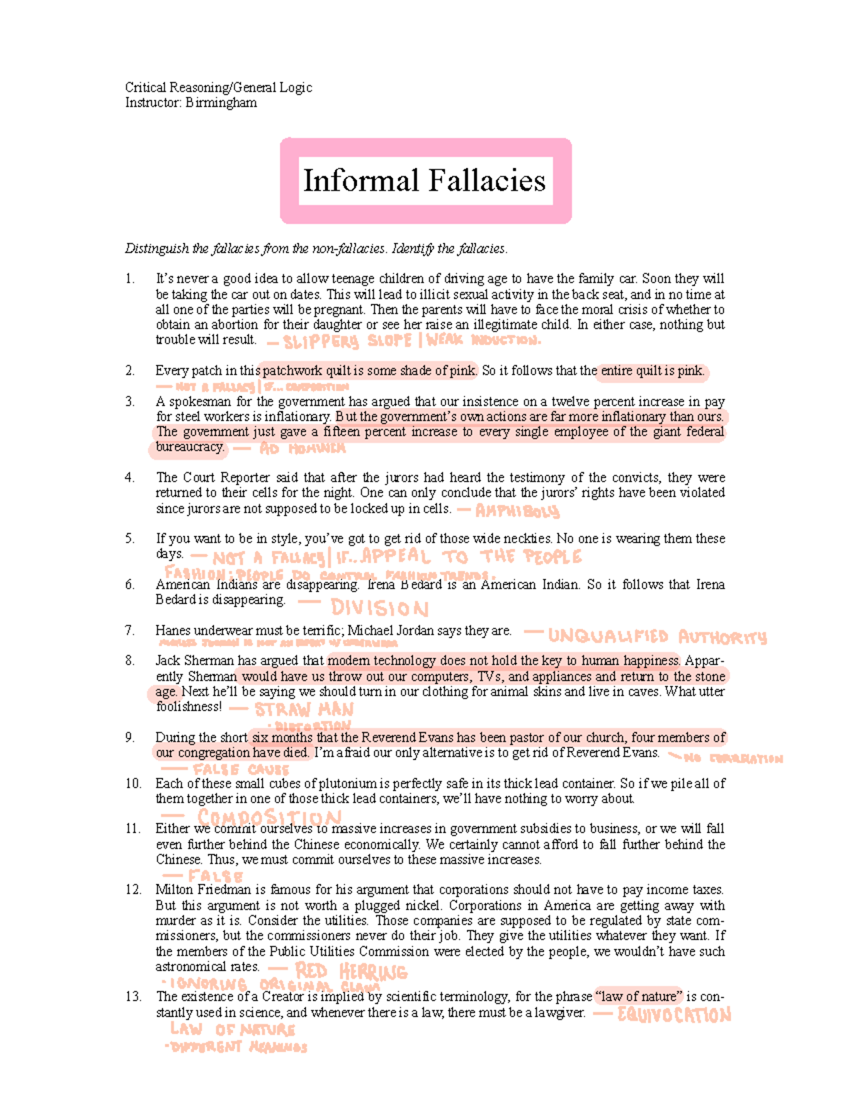 PHIL100 Fallacies Identification Practice - Critical Reasoning/General ...