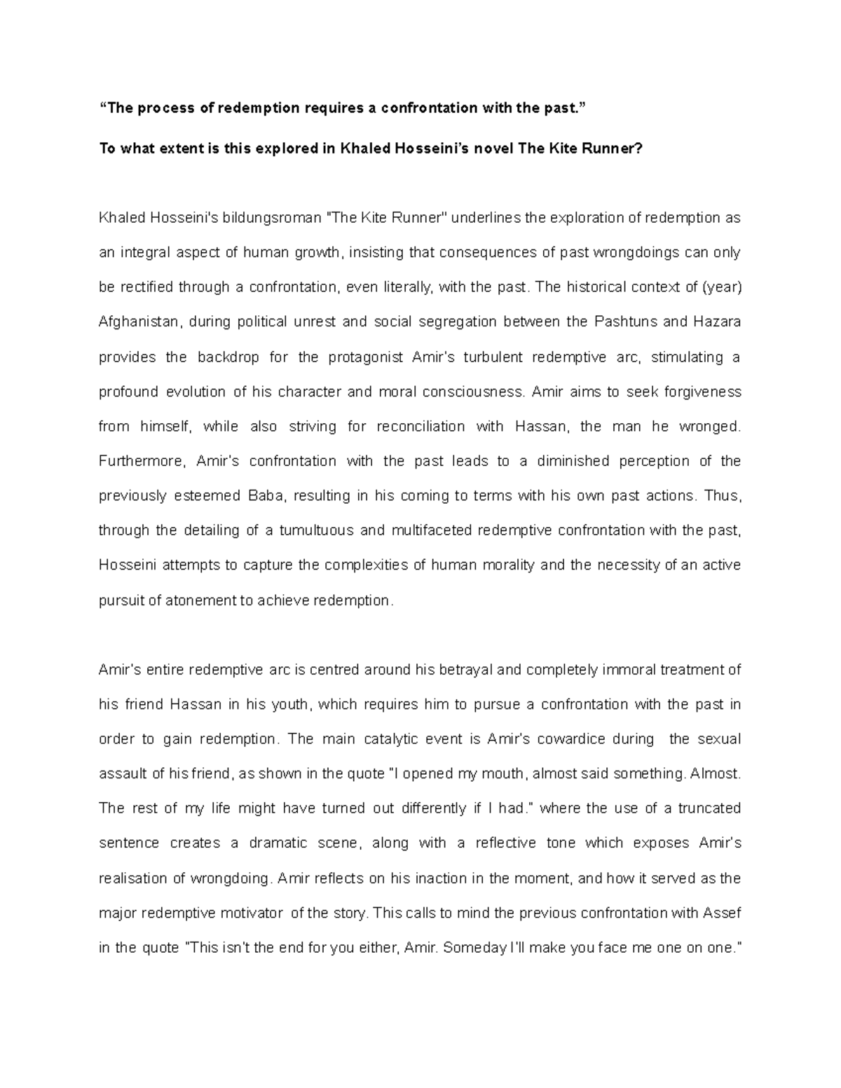 Formative Task Final - Year 10 Answer for: “The process of redemption ...