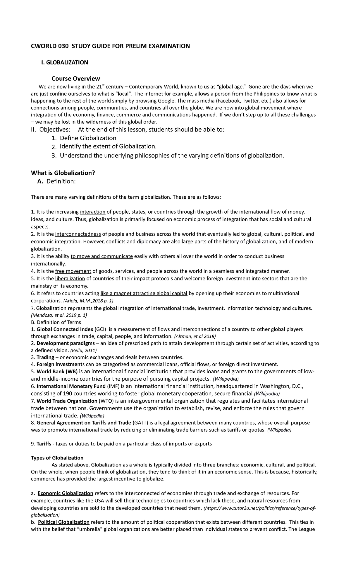 Cworld 030 Study Guide FOR Prelim Examination - CWORLD 030 STUDY GUIDE ...