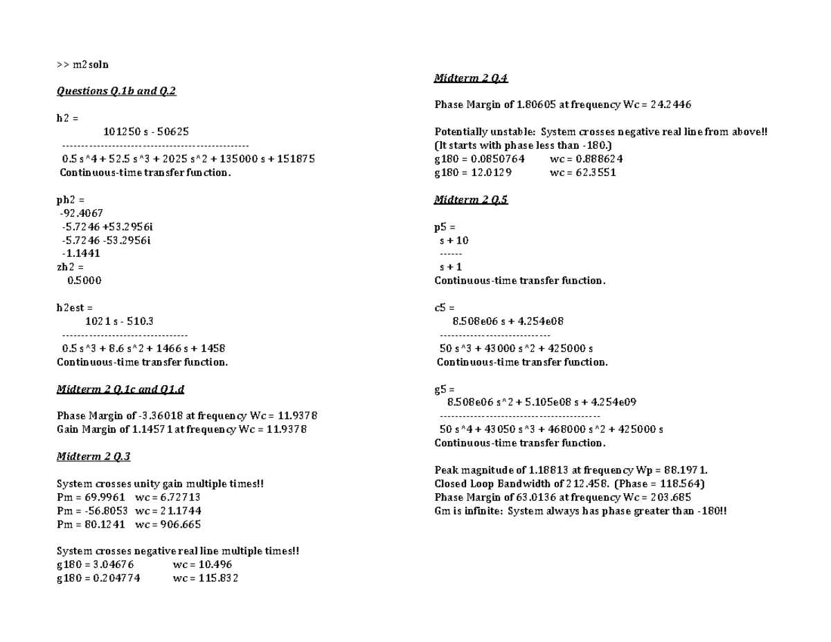 2014-03-18 - m2soln - MIDTERM SOLUTIONS - m2soln Questions Q and Q. h2 = 101250 s - 50625 0 s^4 ...