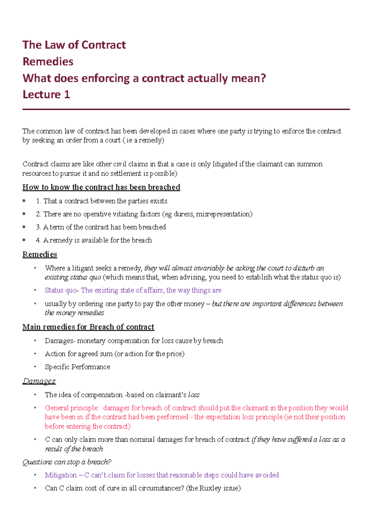 Remedies - Summary notes on lectures - The Law of Contract Remedies ...