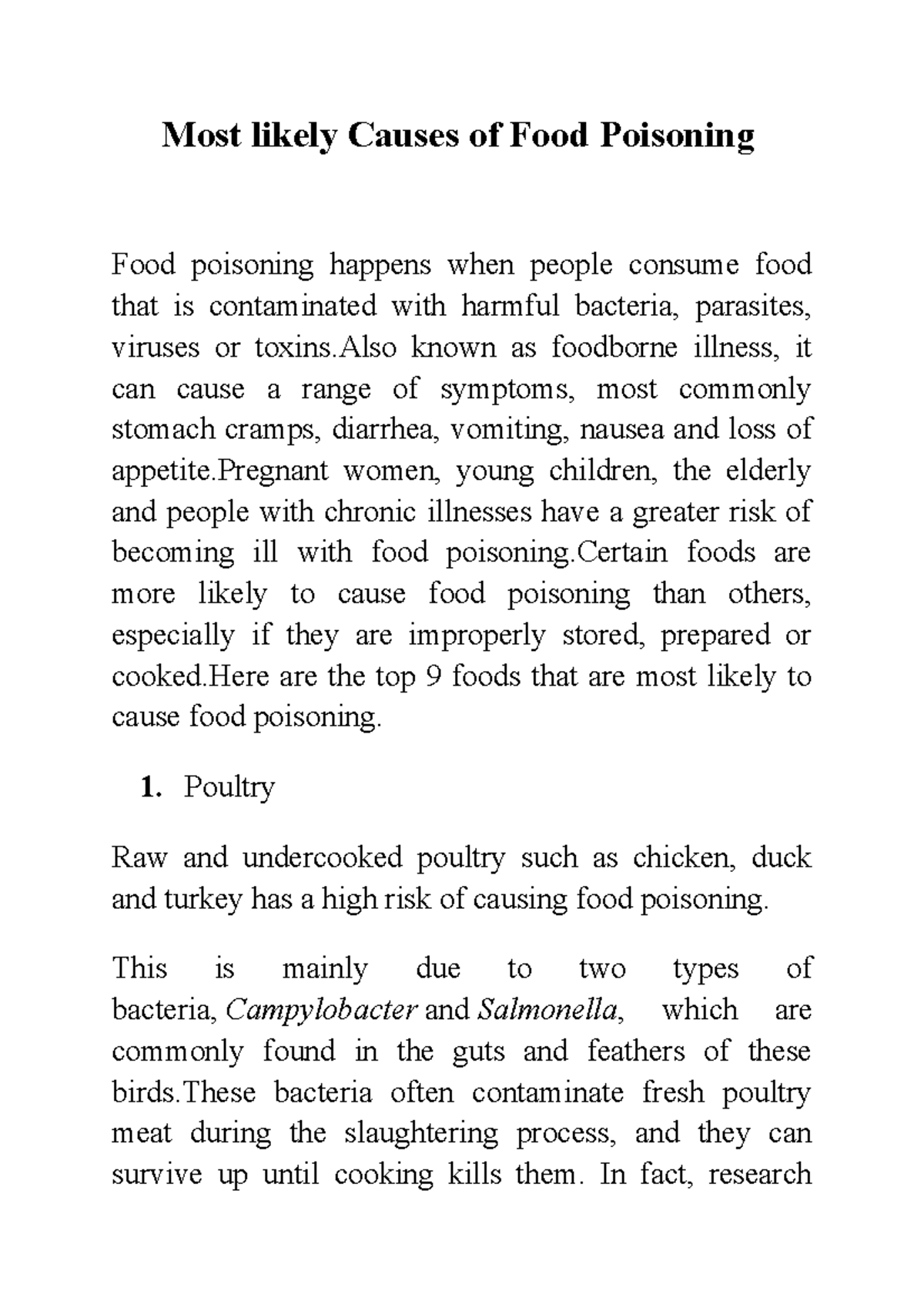 Most likely Causes of Food Poisoning - Poultry Raw and undercooked ...