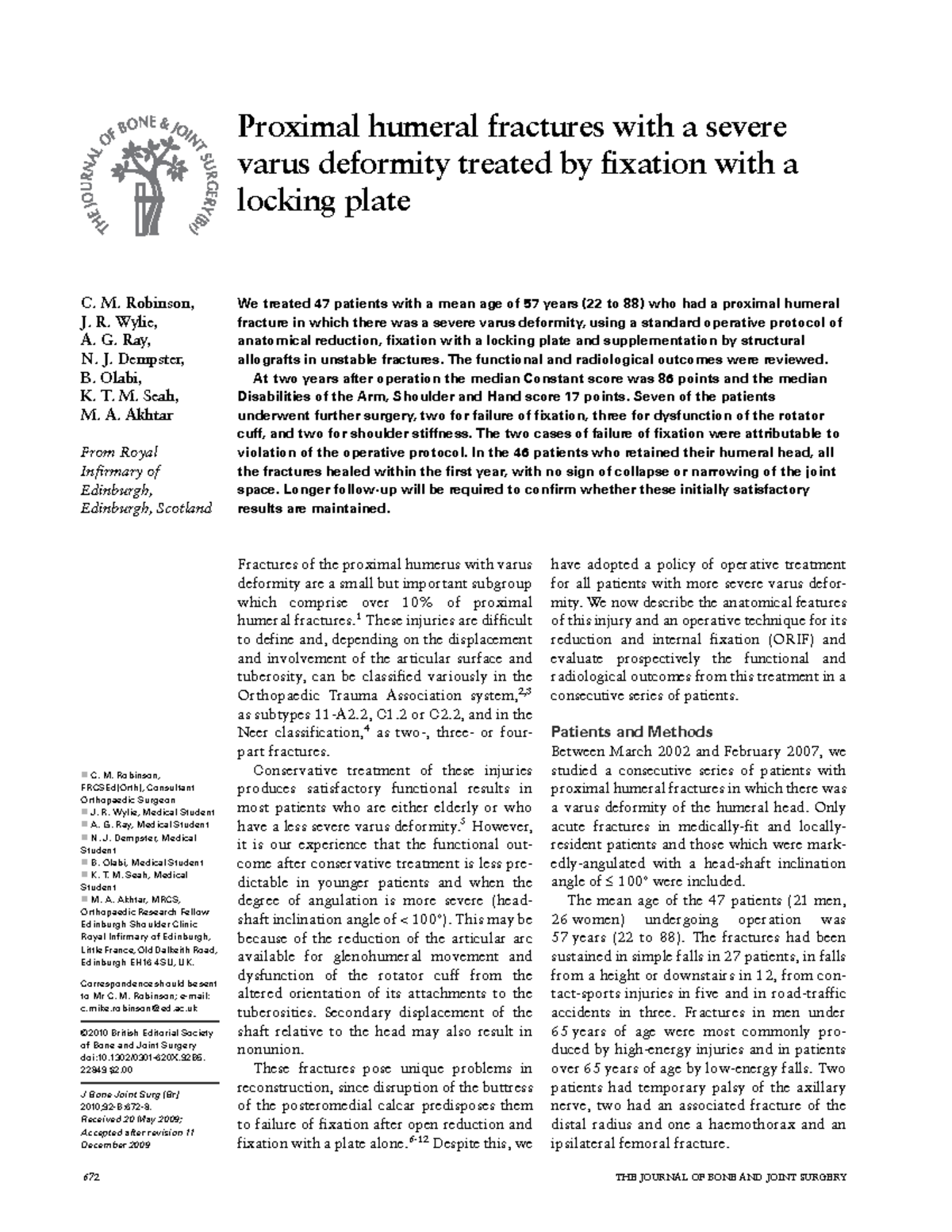 2010 . Proximal humeral fractures with a severe varus deformity treated by fixation with a ...
