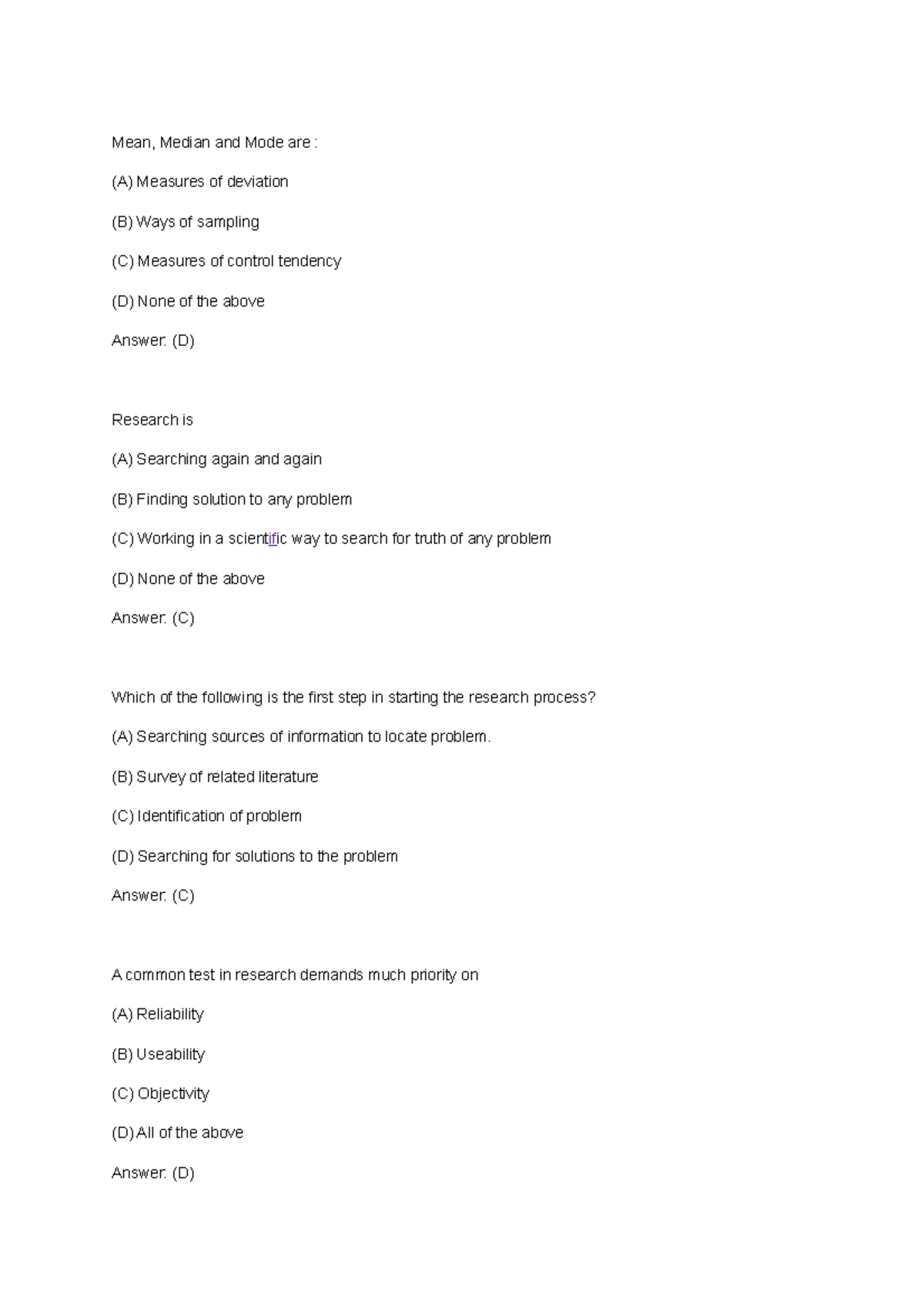 Research objective type questions - Mean, Median and Mode are : (A ...