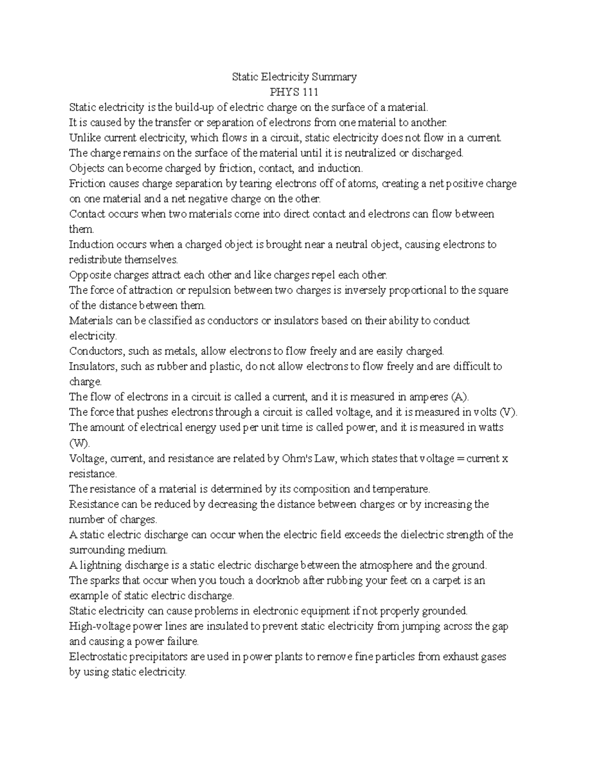 Static Electricity Summary - It is caused by the transfer or separation ...