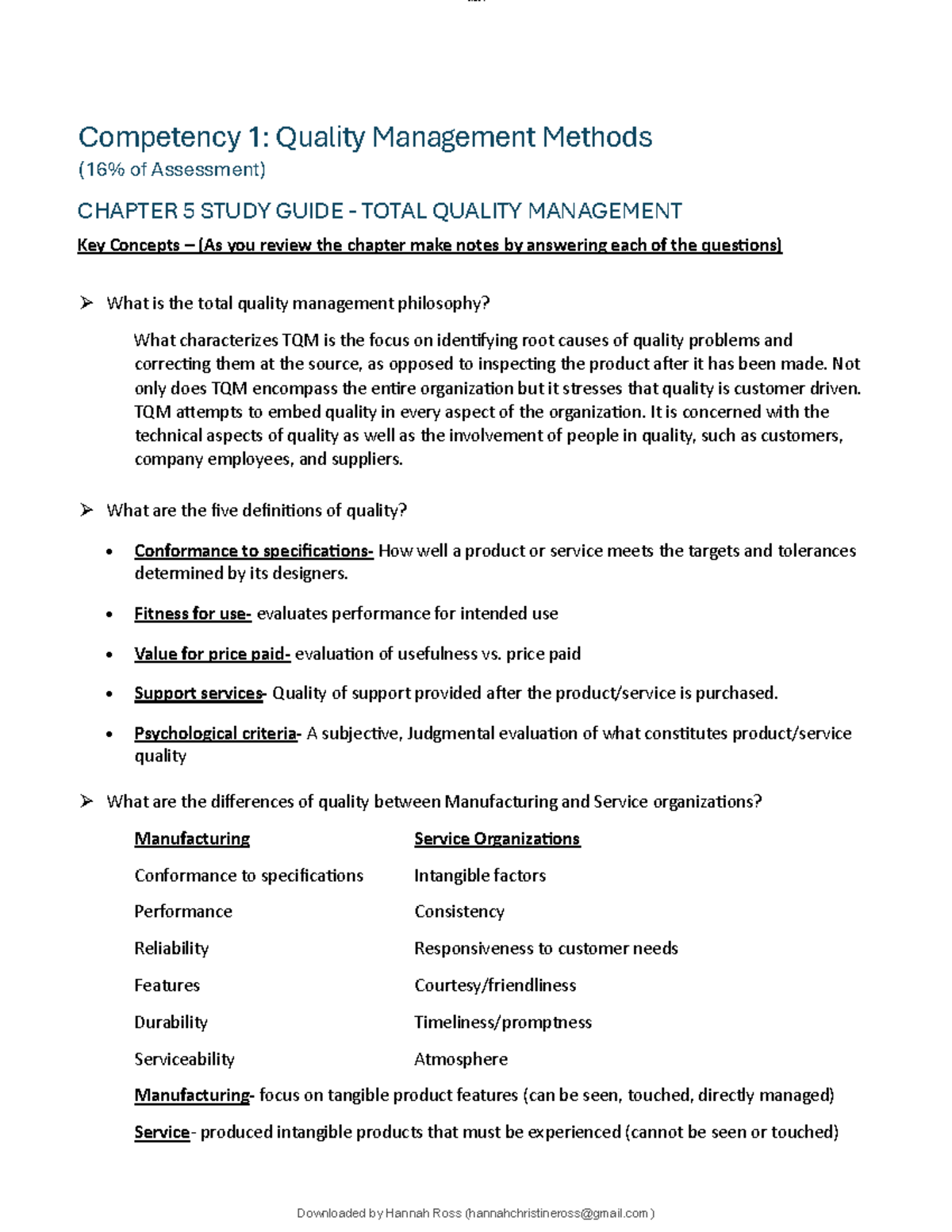 Study Guide C215 - Competency 1: Quality Management Methods (16% of Assessment) CHAPTER 5 STUDY ...