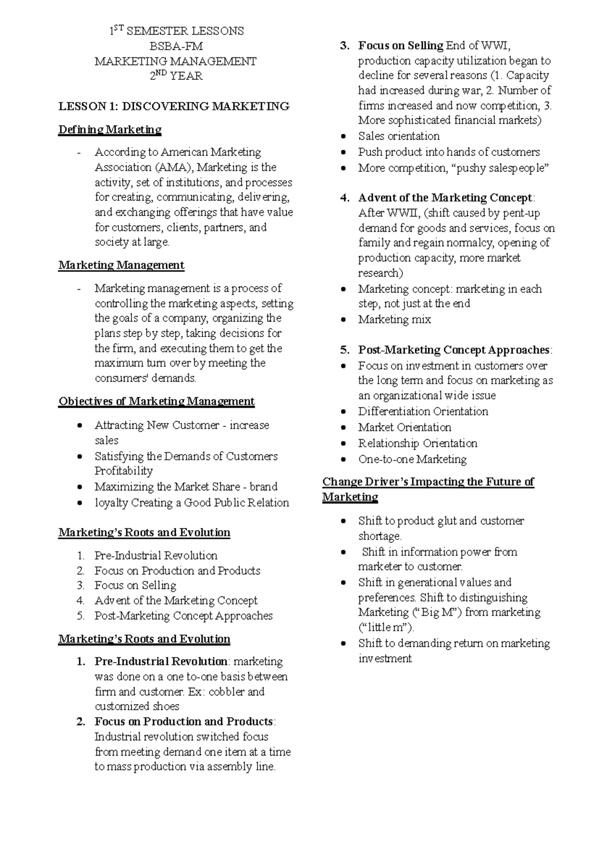 Marketing Management 2ND YEAR 1ST Semester Lessons - 1 ST SEMESTER LESSONS BSBA-FM MARKETING ...