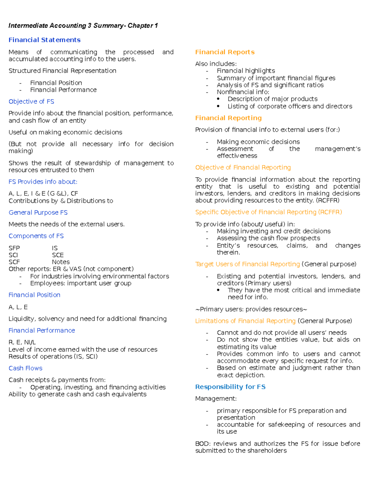 Intermediate Accounting 3 Chapter 1 - Financial Statements Means of ...