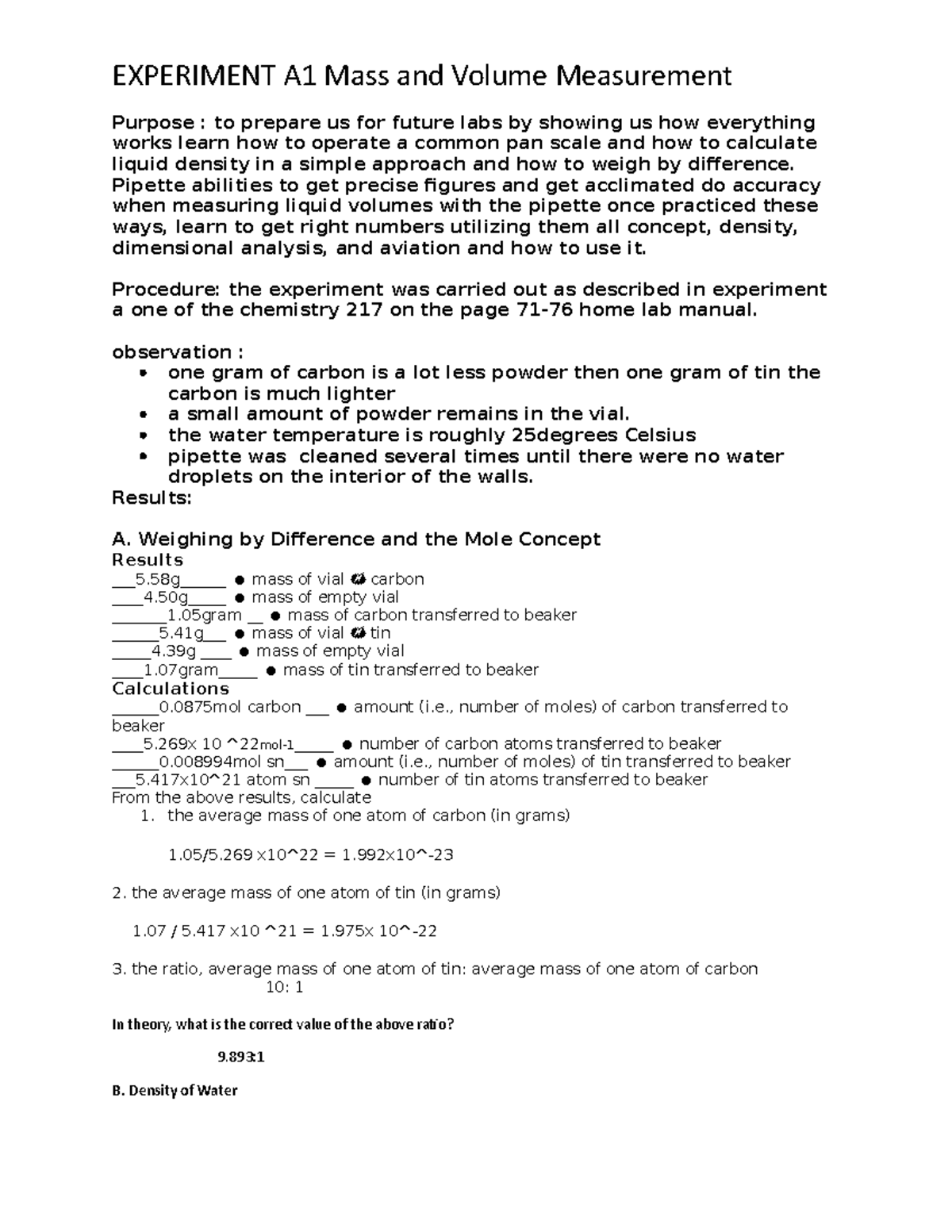 A1 lab - lab217 got 91 percent - EXPERIMENT A1 Mass and Volume ...