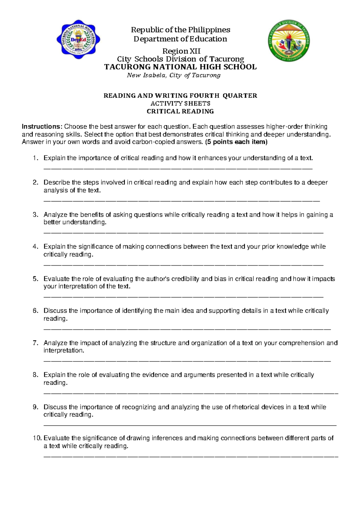 Activity- Critical- Reading - Republic of the Philippines Department of ...