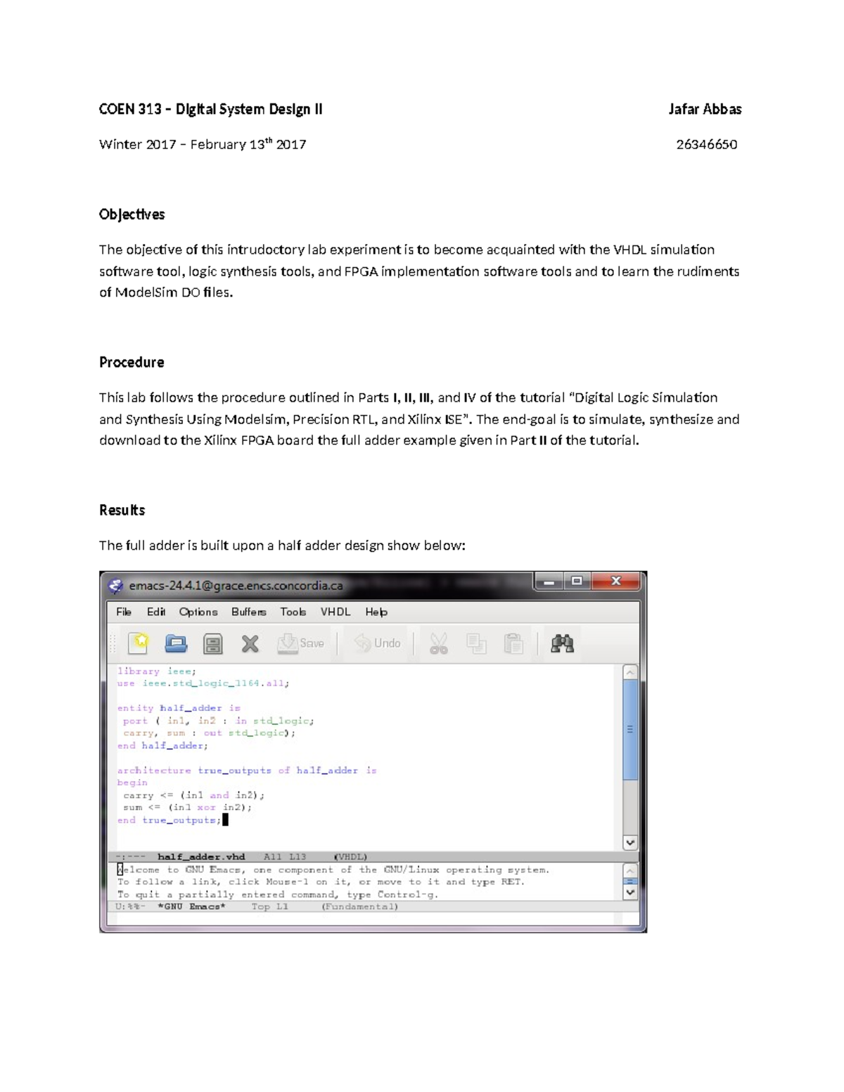 Coen313lab1 - lab 1 report - COEN 313 – Digital System Design II Jafar Abbas Winter 2017 ...