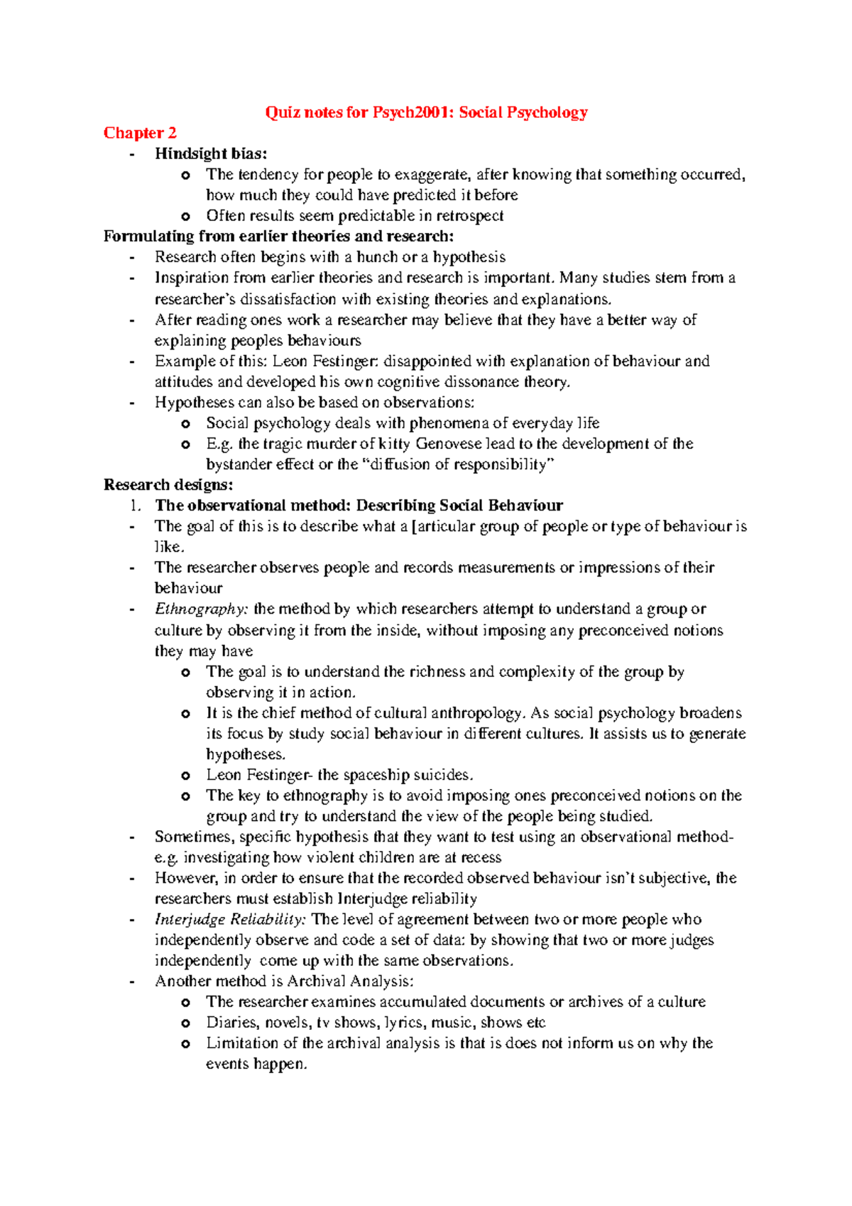 Quiz readings for 2001 - **Quiz notes for Psych2001: Social Psychology ...