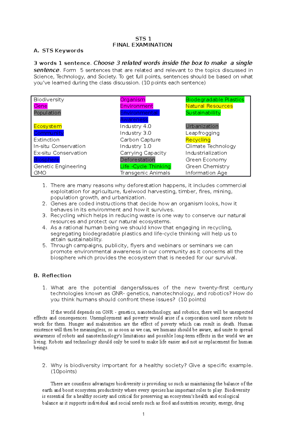 STS 1 Final Exam - STS 1 FINAL EXAMINATION A. STS Keywords 3 words 1 ...