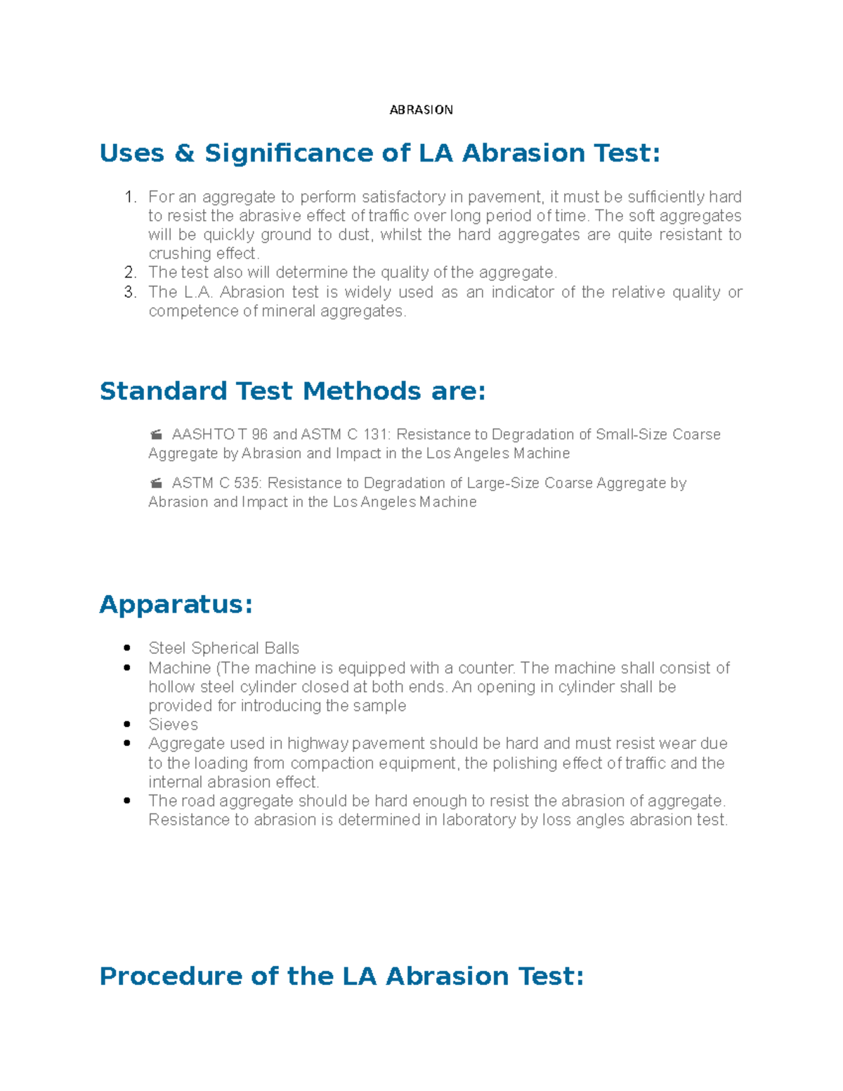 Abrasion - lecture notes - ABRASION Uses & Significance of LA Abrasion ...