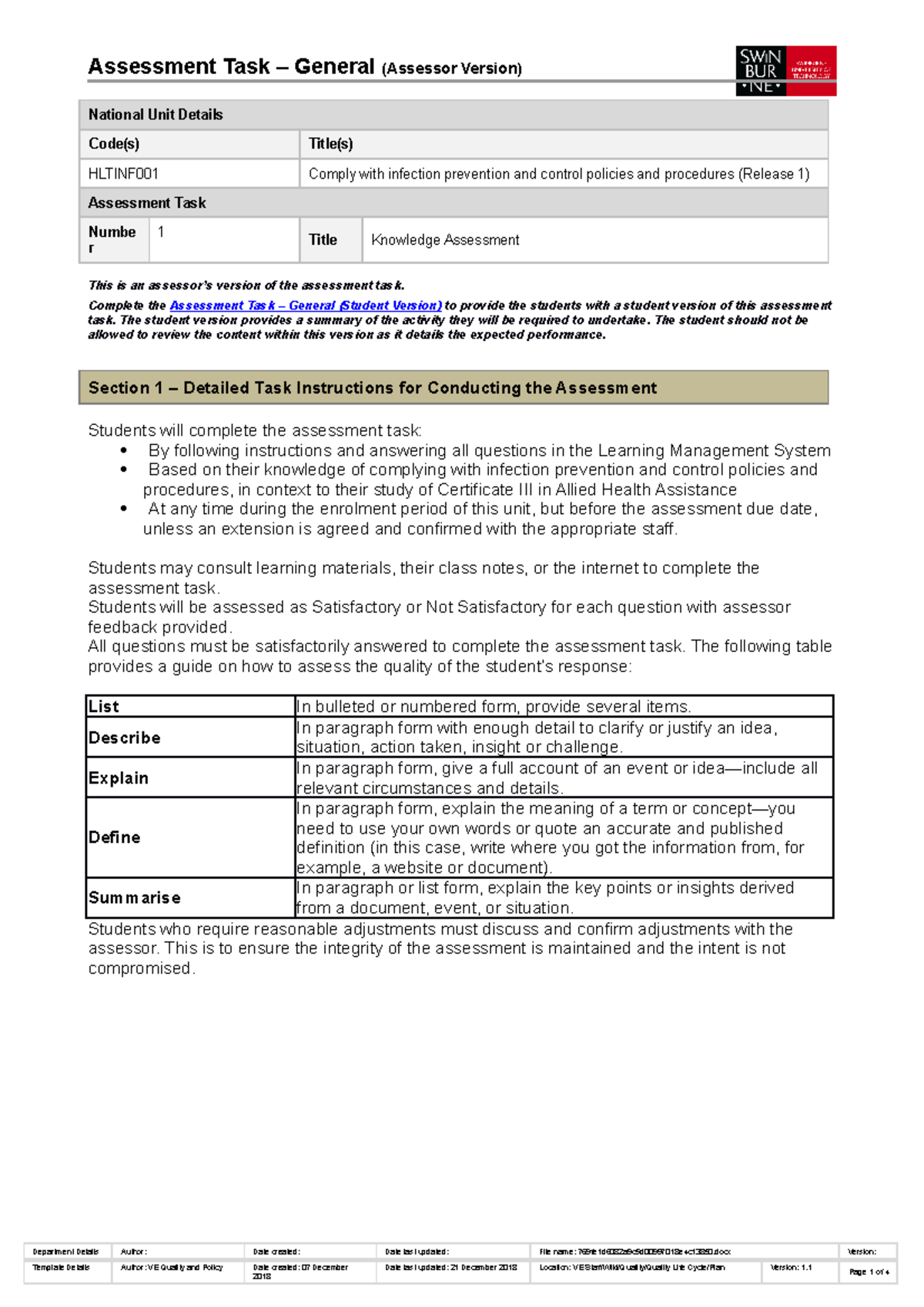 Hltinf 001Assessment Task 1(Assessor Version) V1 - Assessment Task ...
