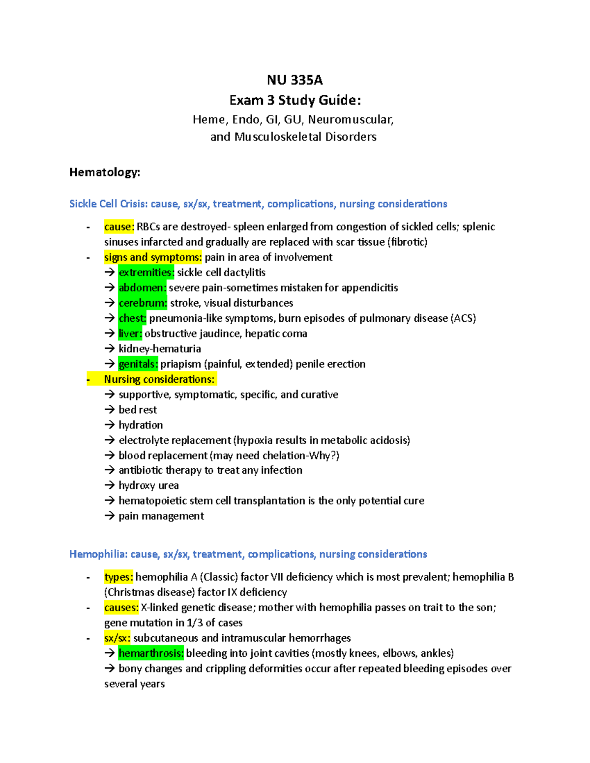 NU 335 A Exam 3 study guide - NU 335A Exam 3 Study Guide: Heme, Endo ...
