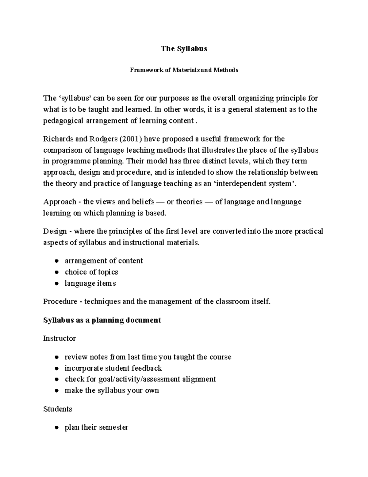 Designing a Course Syllabus - The Syllabus Framework of Materials and ...