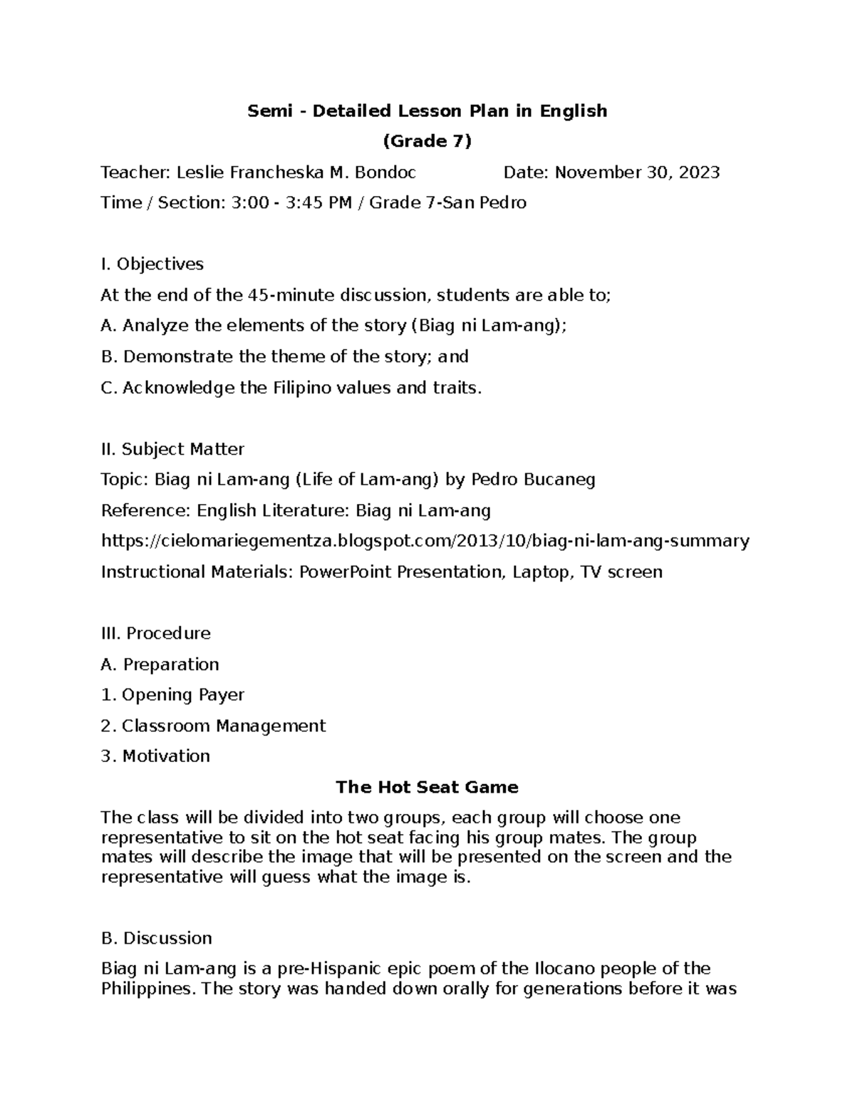 BIAG NI LAM ANG Semi Detailed Lesson Plan Leslie Francheska Bondoc - Semi - Detailed Lesson Plan ...
