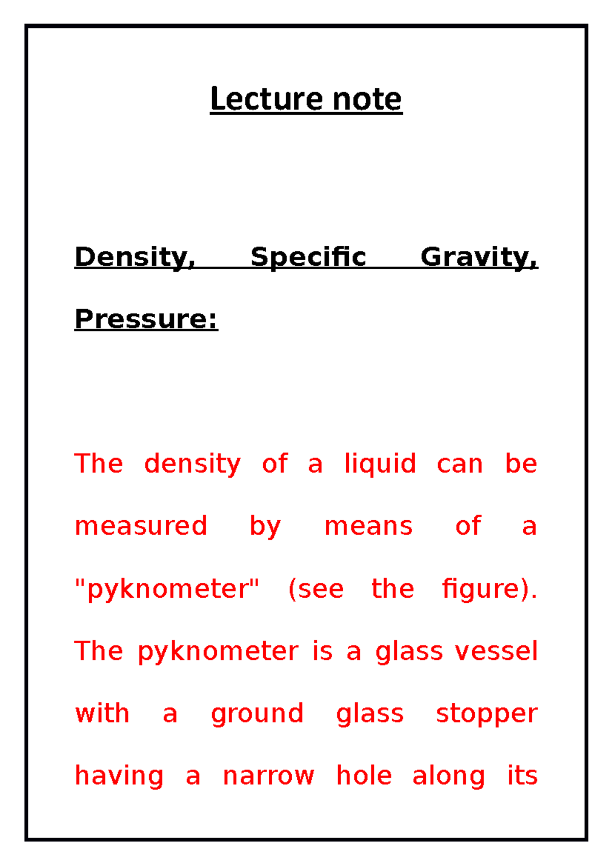 Lecture note of Density, Specific Gravity and Pressure - Lecture note ...
