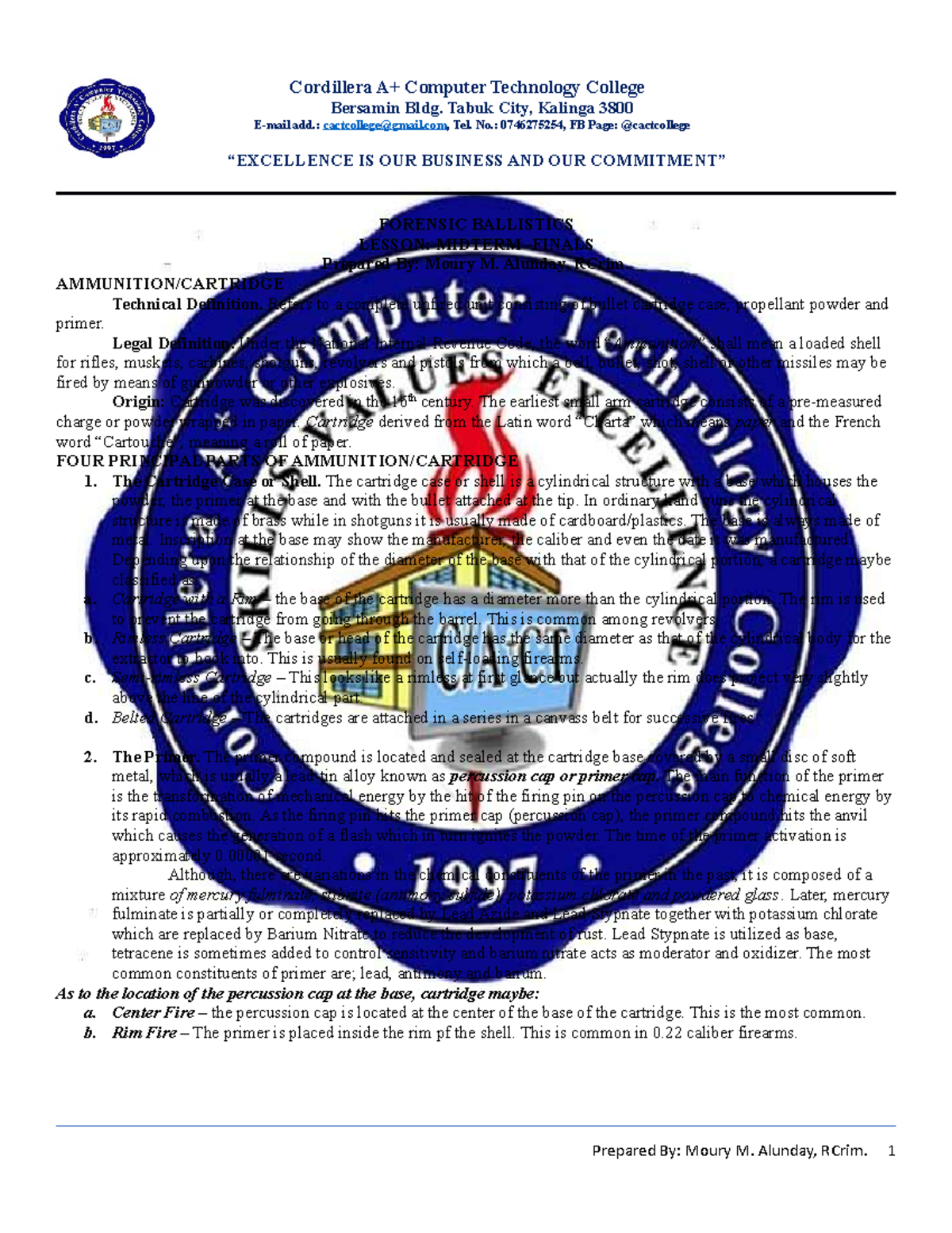 Forensic Ballistics Midterm Handouts By Moury Alunday - Cordillera A+ ...
